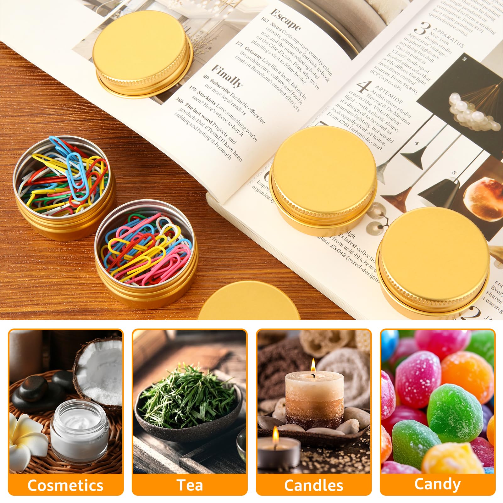 LDXDRU 60 Pack 1oz Metal Tin Cans, Round Small Tins with Lids, Tin Containers With Lids for Candles Salve Cosmetic Lip Balm Candies Food Storage, Golden