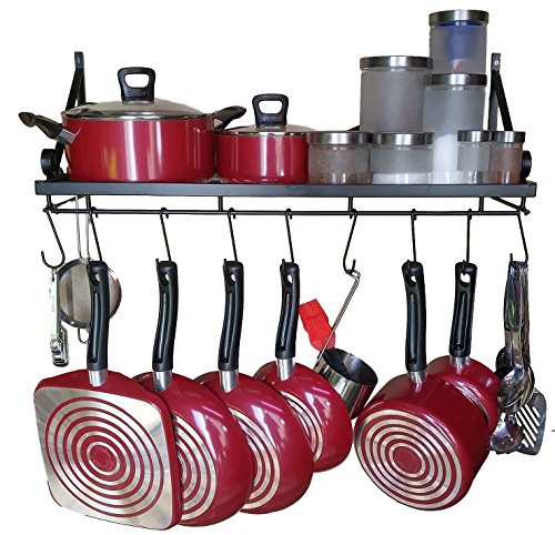 30" Wall mounted pots and pans rack. Pot holders wall shelves with 12 hooks. Kitchen shelves wall mounted with wall hooks. Kitchen storage pot holder pot rack. Pot pan organizer. Pot Pan rack.
