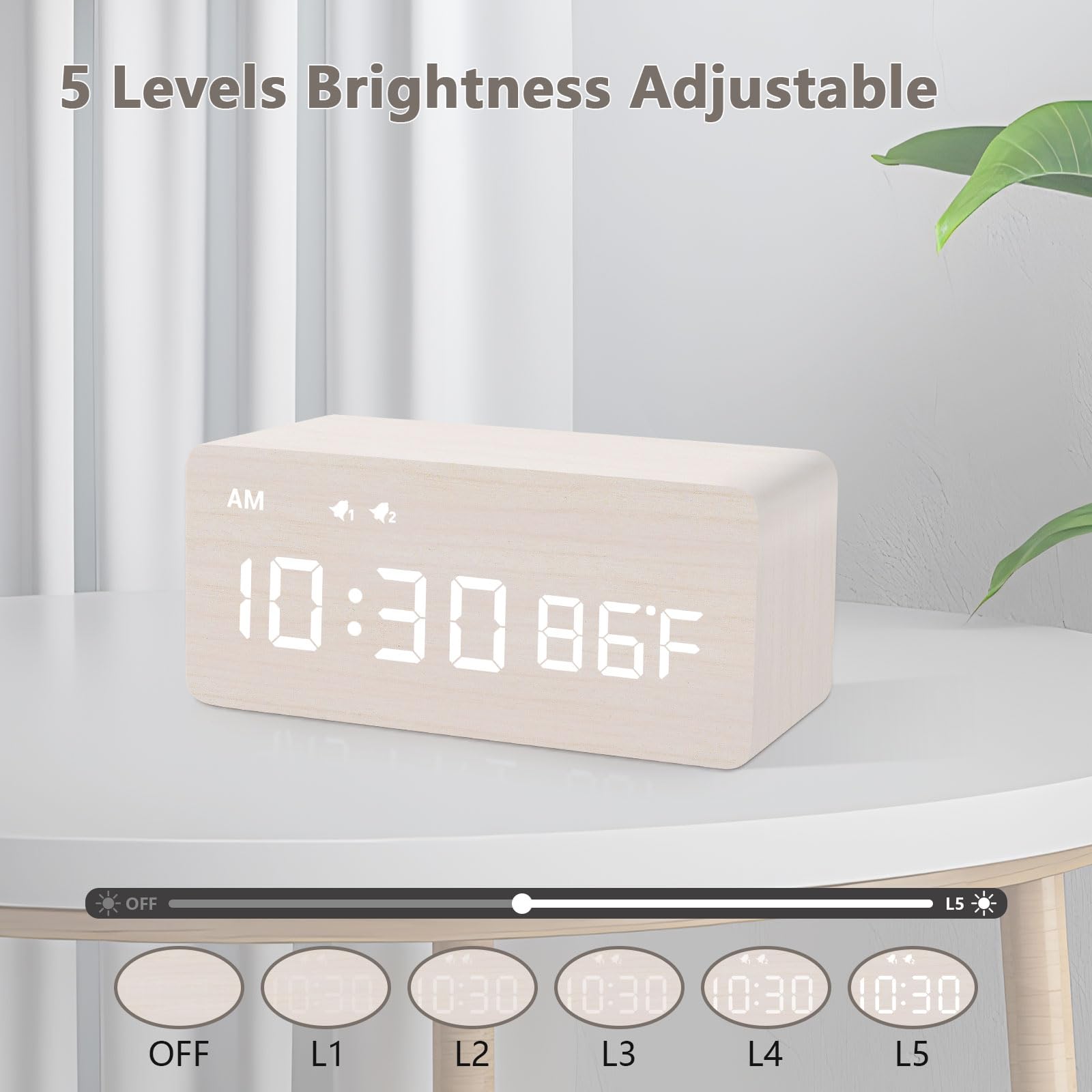 MOSITO Digital Wooden Alarm Clock with Wireless Charging, 0-100% Dimmer, Dual Alarm, Weekday/Weekend Mode, Snooze, Wood LED Clocks for Bedroom, Bedside, Desk, Kids (White)
