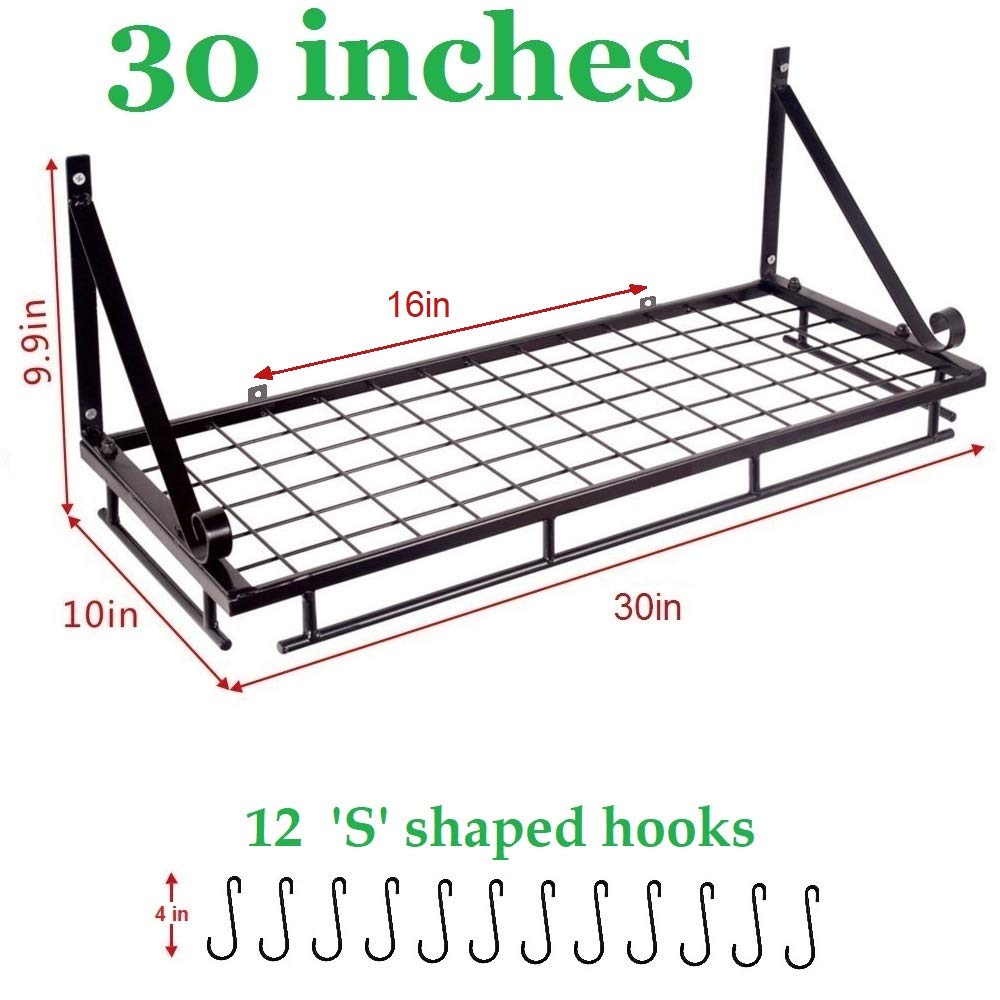 30" Wall mounted pots and pans rack. Pot holders wall shelves with 12 hooks. Kitchen shelves wall mounted with wall hooks. Kitchen storage pot holder pot rack. Pot pan organizer. Pot Pan rack.