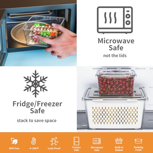 Kearning 5 Pcs Large Airtight Food Storage Containers with Lids&Handle, Fruit Storage Containers for Fridge with Removable Colanders, Leakproof Meal Prep Containers, Bento Box, Organizers and Storage