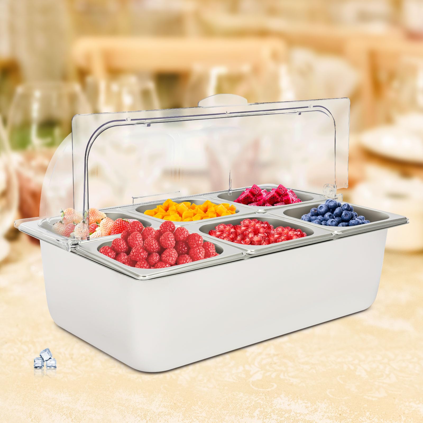 GCIUEMMH Chilled Veggie Tray with Lid - Stainless Steel Food Serving Tray Buffet Condiment Dispenser 6 Pan Countertop Food Serving Container with Clear Top Cover for Seafood Fruit Party Buffet Tray