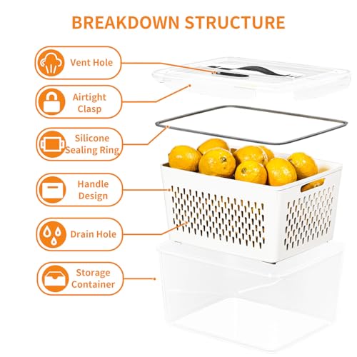 Kearning 5 Pcs Large Airtight Food Storage Containers with Lids&Handle, Fruit Storage Containers for Fridge with Removable Colanders, Leakproof Meal Prep Containers, Bento Box, Organizers and Storage