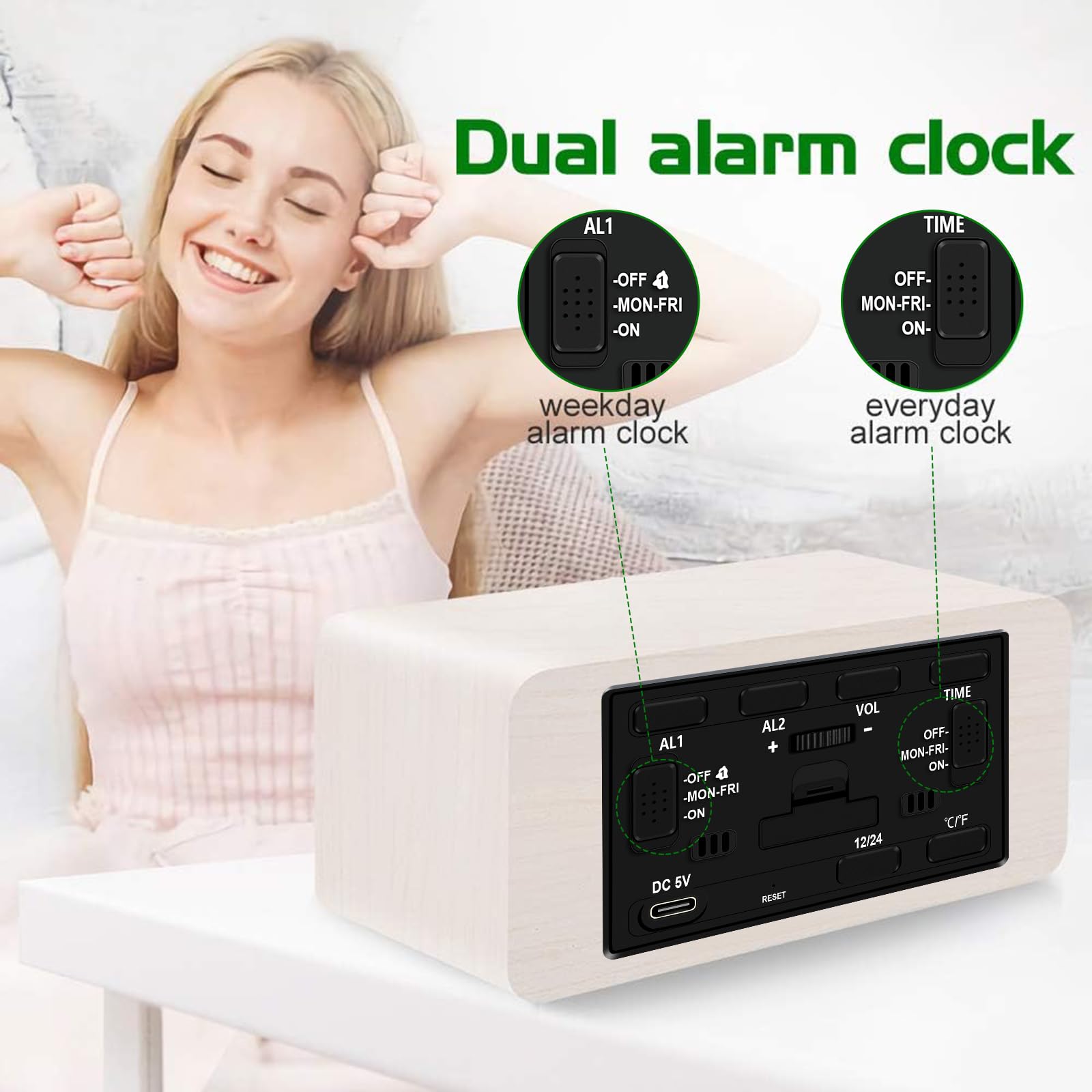 MOSITO Digital Wooden Alarm Clock with Wireless Charging, 0-100% Dimmer, Dual Alarm, Weekday/Weekend Mode, Snooze, Wood LED Clocks for Bedroom, Bedside, Desk, Kids (White)