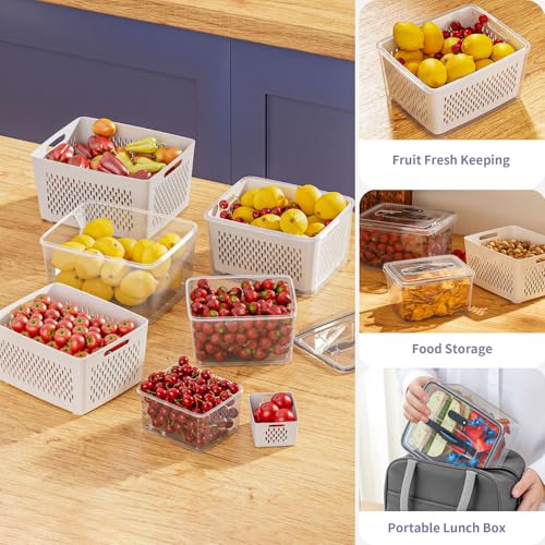 Kearning 5 Pcs Large Airtight Food Storage Containers with Lids&Handle, Fruit Storage Containers for Fridge with Removable Colanders, Leakproof Meal Prep Containers, Bento Box, Organizers and Storage