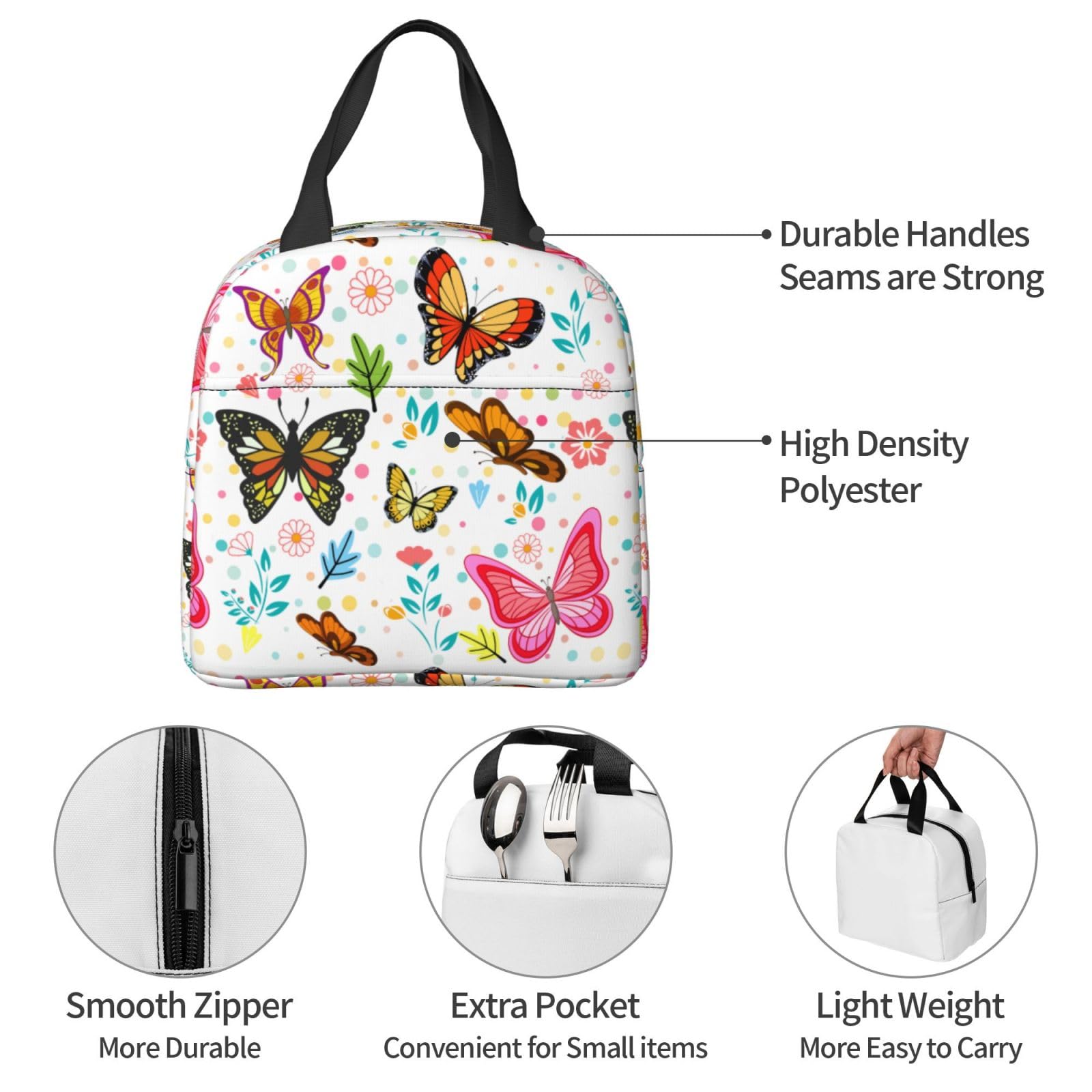 BLUBLU Insulated Lunch Bag for Women, Cooler Tote Reusable Lunch Box Container For Work Office Travel Picnic Butterfly