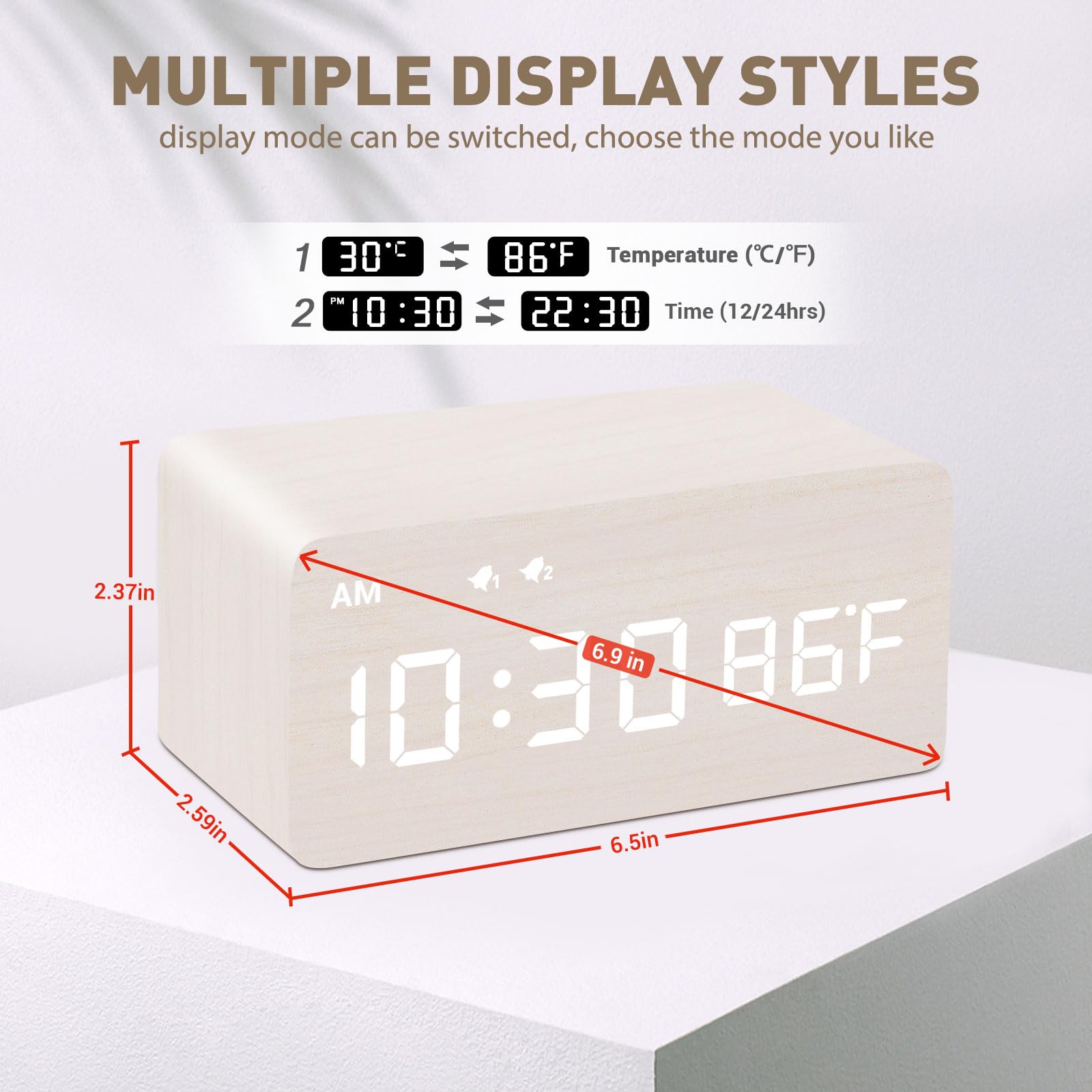 MOSITO Digital Wooden Alarm Clock with Wireless Charging, 0-100% Dimmer, Dual Alarm, Weekday/Weekend Mode, Snooze, Wood LED Clocks for Bedroom, Bedside, Desk, Kids (White)
