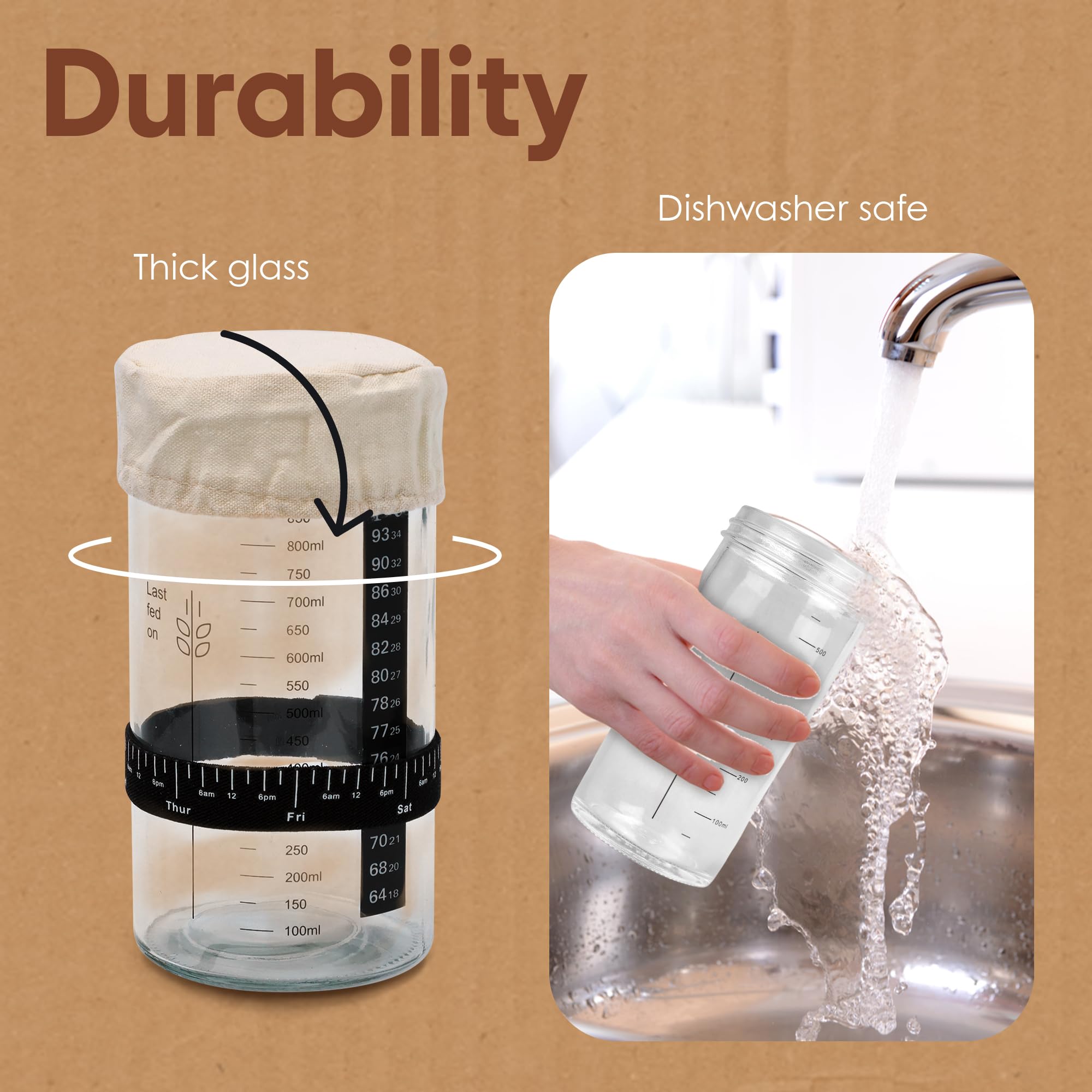 SourDough Starter Jar Kit Large 34oz. Wide Mouth Glass Jar with Scraper, Spatula, Cloth Cover, Feeding Band, Aluminum Lid, Temperature Strip, Instructions, Home Bread Baking Supplies, Fermentation Jar