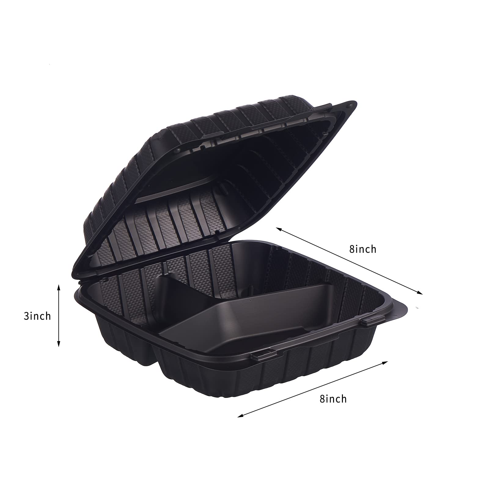Jaluxing 8X8 3-Compartment 50-Pack Plastic Clamshell Takeout Food Trays Heavy Duty Togo Disposable Box Carryout Meal Prep Packaging Catering Hinged Containers With Secure Snap Lid (Formerly FULING)