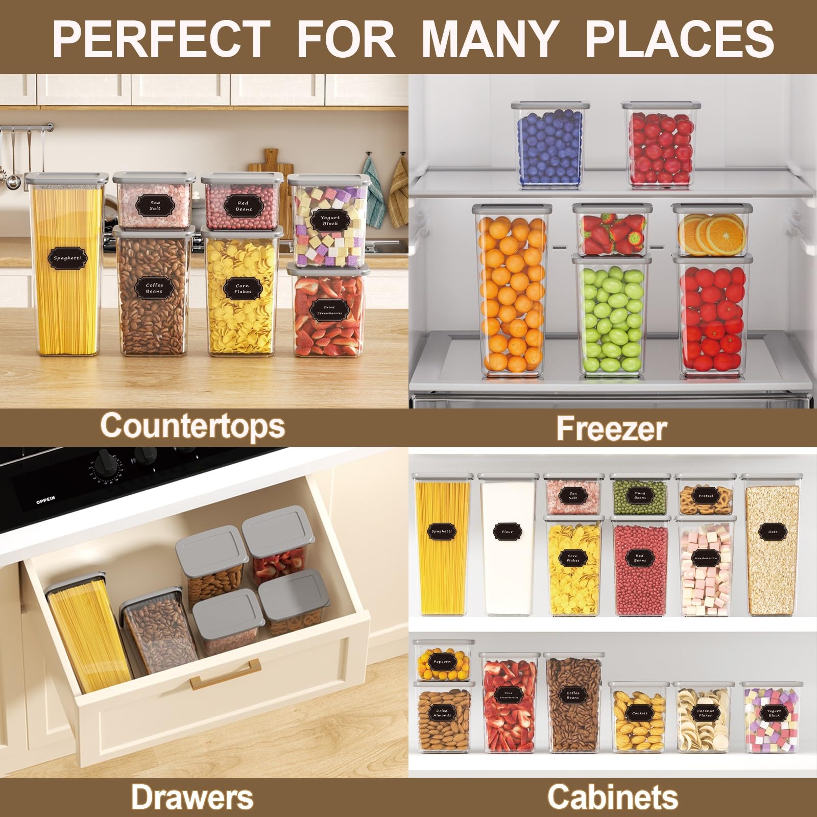 Homhut Airtight Food Storage Containers With Lids 15pcs Organization Canisters Kitchen Bpa Free Plastic Pantry Containers Storage Set for Pasta, Cereal, Dry Food, Flour and Sugar-60 Labels