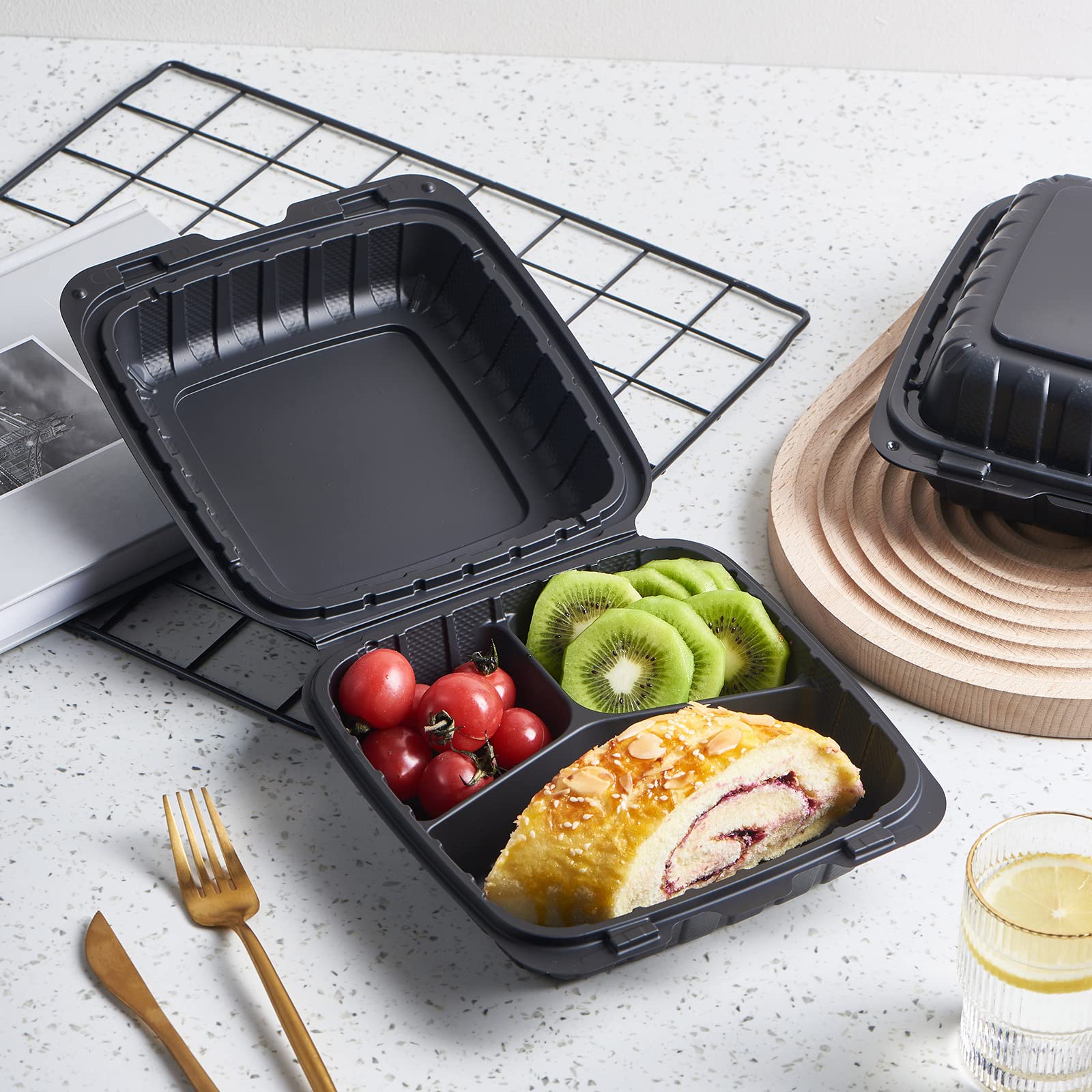 Jaluxing 8X8 3-Compartment 50-Pack Plastic Clamshell Takeout Food Trays Heavy Duty Togo Disposable Box Carryout Meal Prep Packaging Catering Hinged Containers With Secure Snap Lid (Formerly FULING)