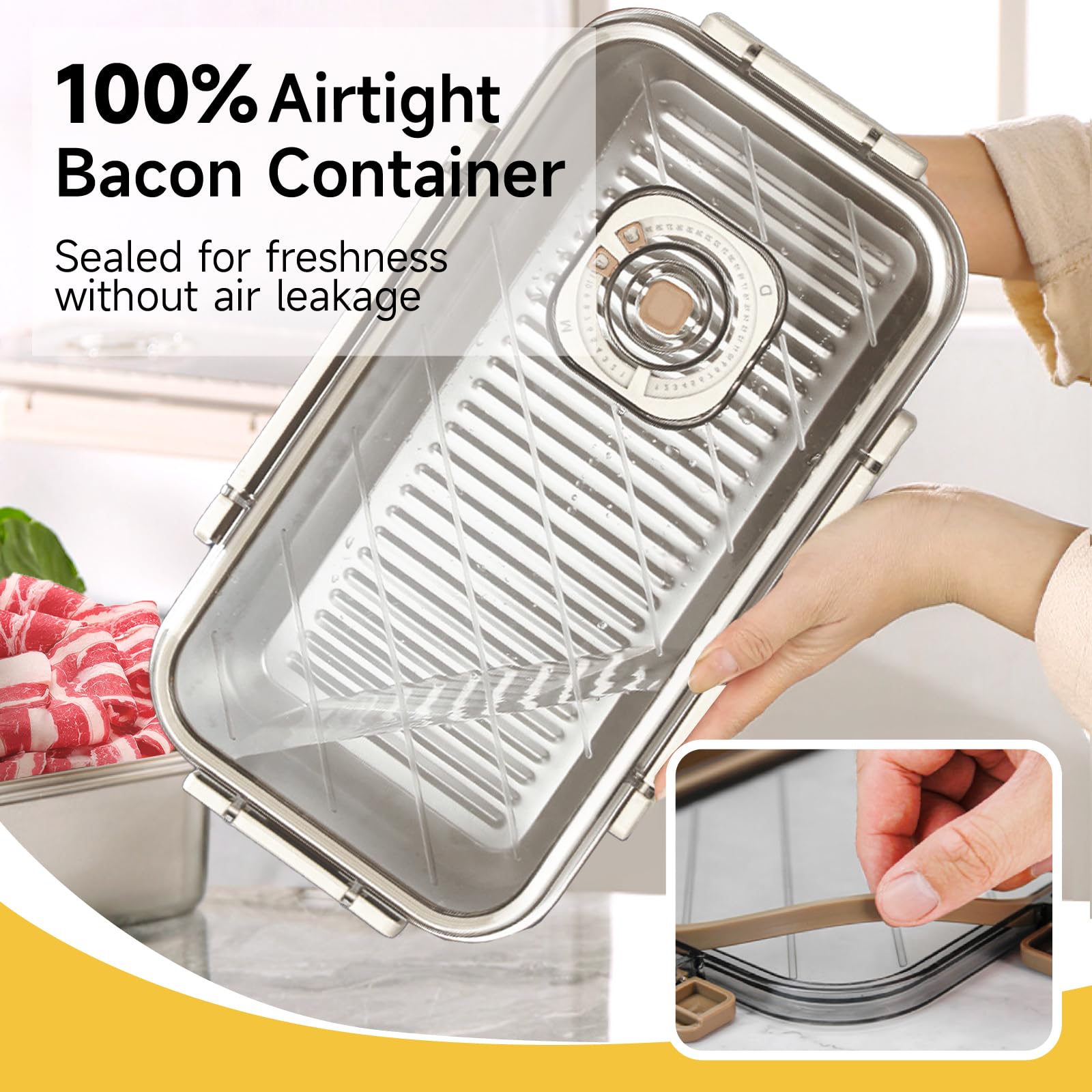 banmagately Deli Meat Container for Fridge, Bacon Container for Refrigerator with Time Recording, Stainless Steel Ham and Cheese Container Bacon Keeper Airtight Lunch Meat Storage Containers(2000ML)