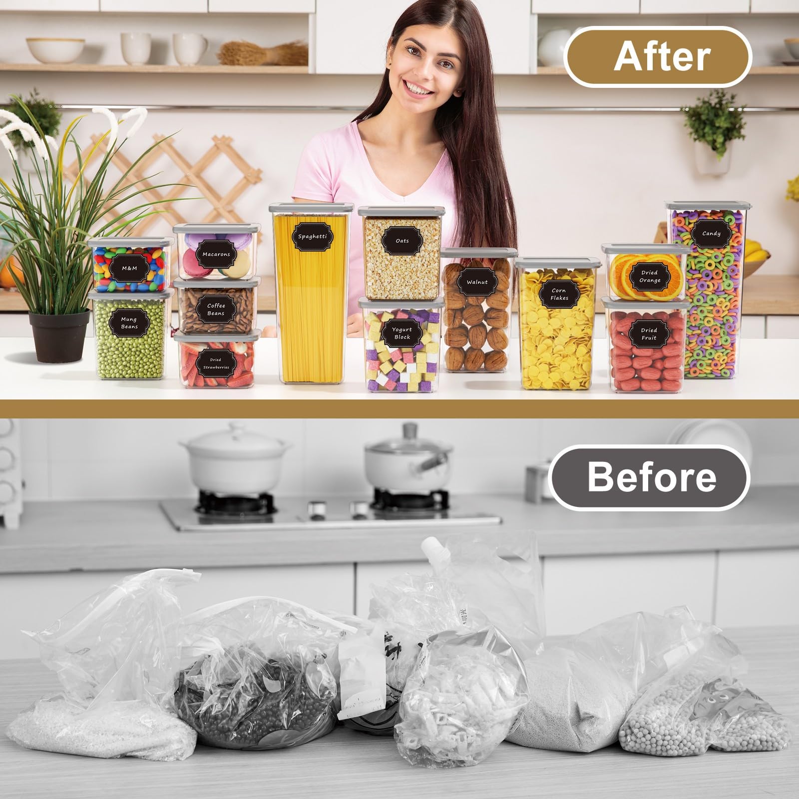 Homhut Airtight Food Storage Containers With Lids 15pcs Organization Canisters Kitchen Bpa Free Plastic Pantry Containers Storage Set for Pasta, Cereal, Dry Food, Flour and Sugar-60 Labels