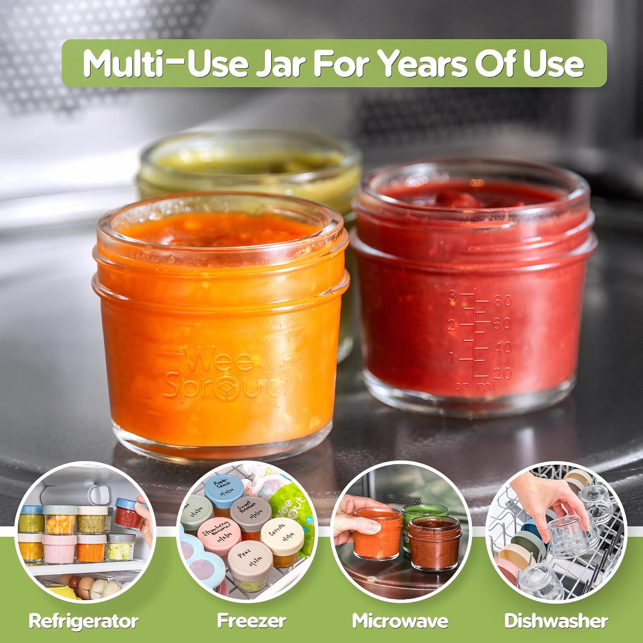 WeeSprout Baby Food Storage Glass Jars w/Lids (4 oz, 24 Pack) Matte Variety, Snack, Reusable Small Containers, Fridge or Freezer, Microwave & Dishwasher Safe, Essentials for Infants