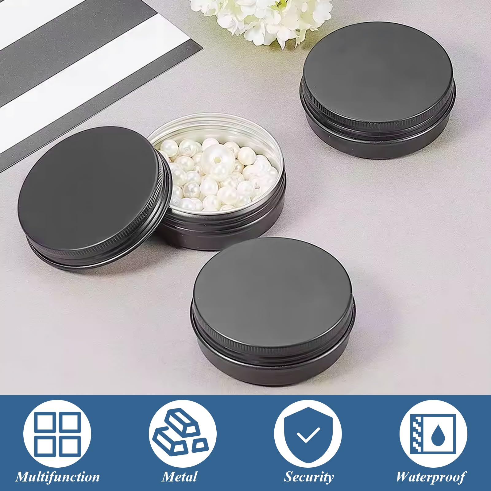 LDXDRU 50 Pack 2oz Metal Tin Cans, Tin Containers With Lids, Round Small Tins with Lids for Candles Salve Cosmetic Lip Balm Candies Food Storage, Black