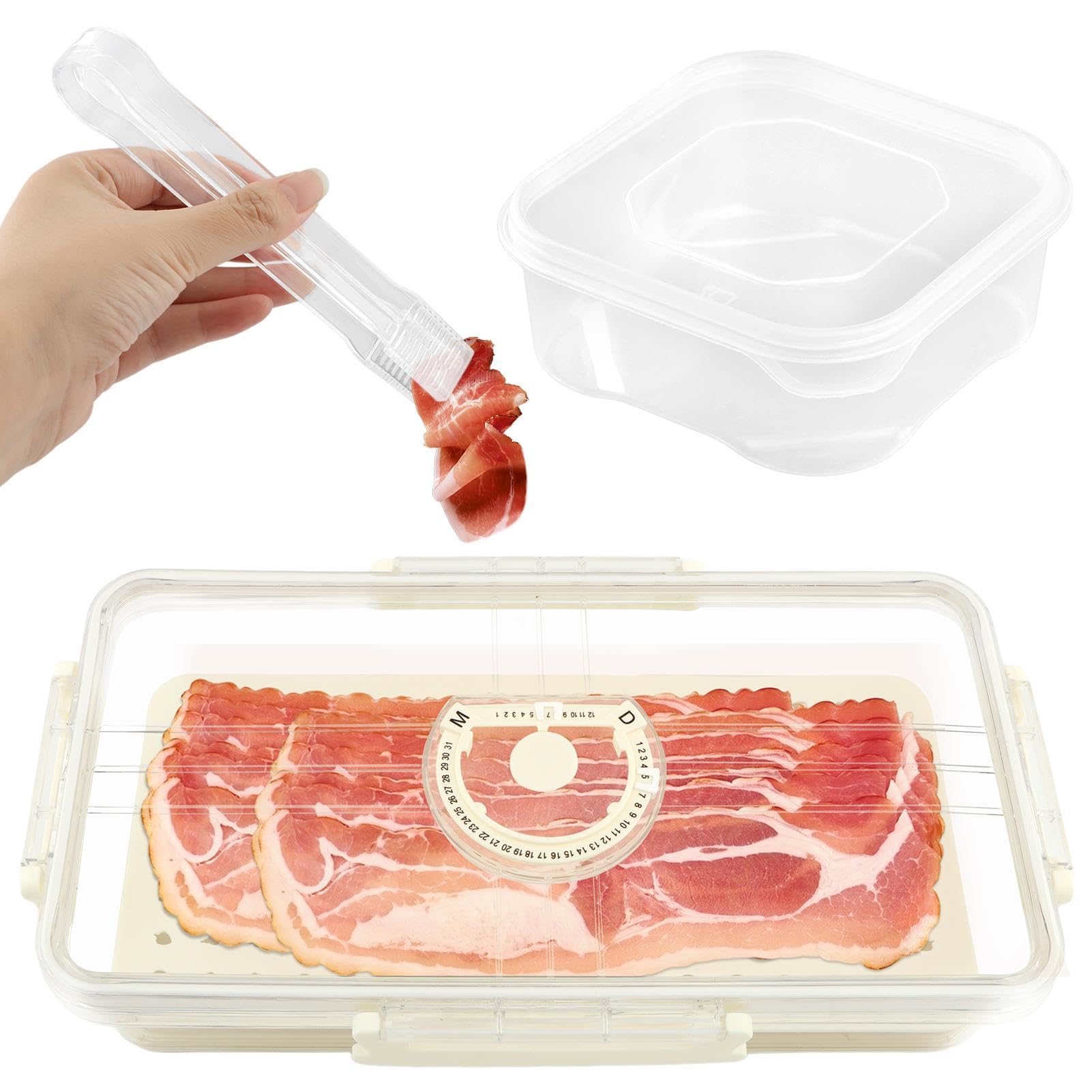Quixleen Bacon Container for Refrigerator with Food Serving Tong and Small Square Storage Box Bacon Keeper with Sealing Lid Draining Plate Recording Function on the Lid