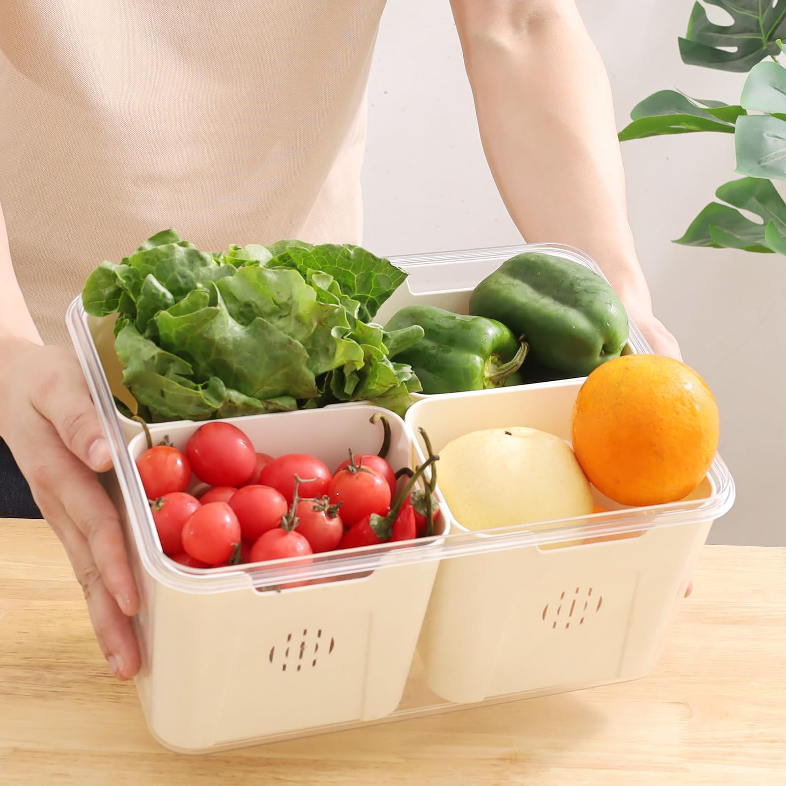 Awrotye Airtight Fridge Fruit Storage Containers with Lids - BPA-Free, Handle, and 4 Removable Colanders, Kitchen Organizers, Food Storage Containers for Fruit, Vegetable, Entertaining, Party, Picnic