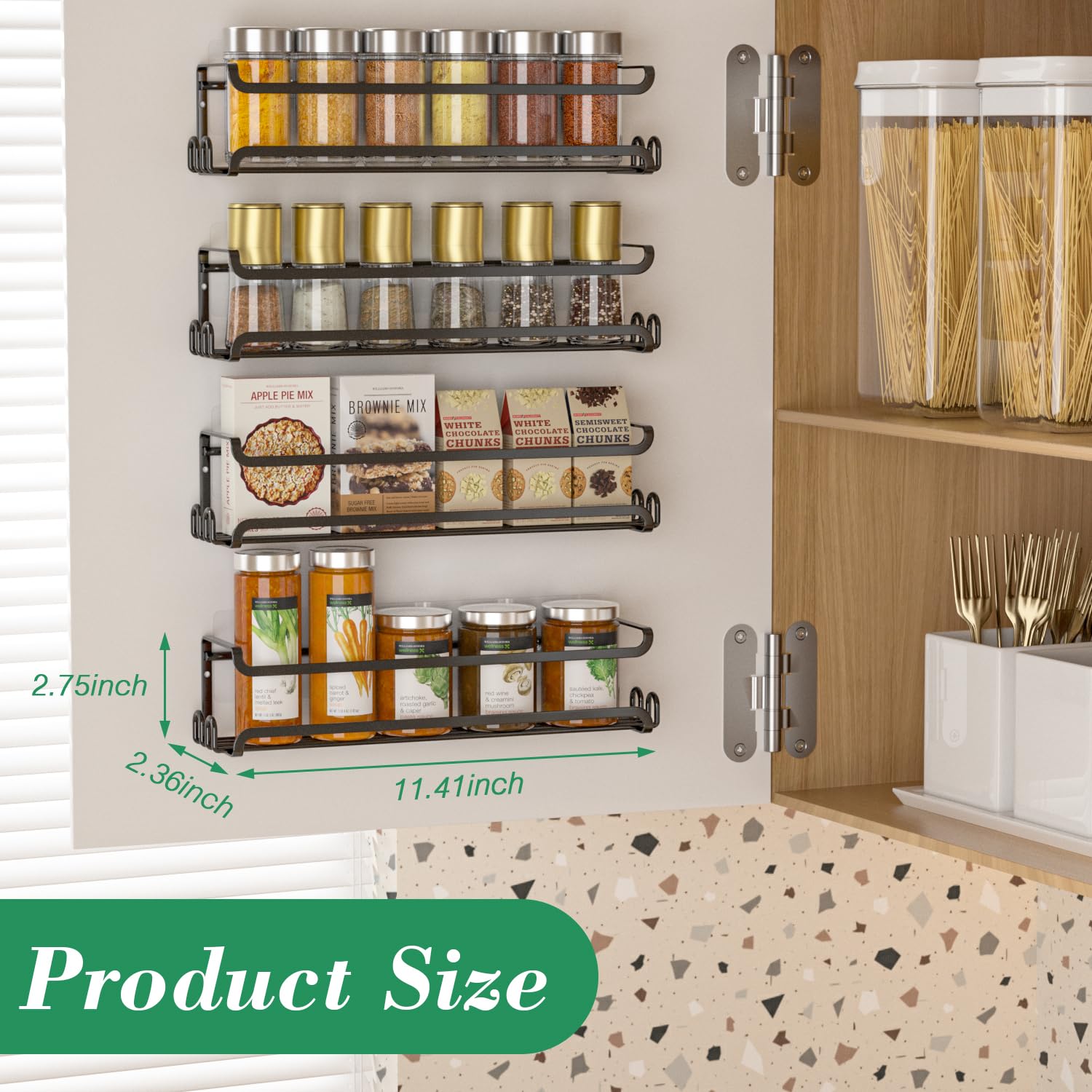 LUCYCAZ 4 Pack Wall Mounted Spice Rack with 16 Hooks, Spice Organizer for Cabinet Pantry Door,Screw or Adhesive Spice Shelf Hanging Wall Spice Rack in Kitchen and RV (Black)