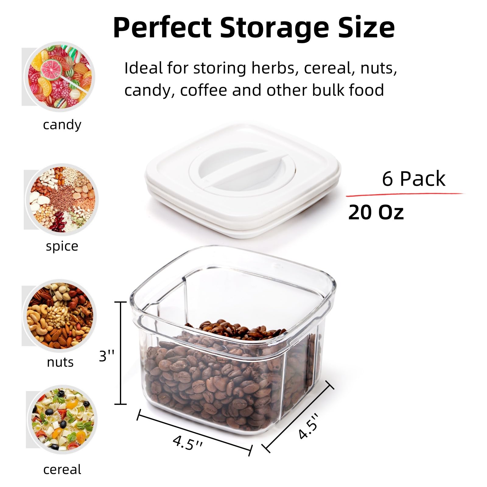 WRINGKIT 6 Pack Airtight Food Storage Containers, Plastic Snack Food Containers with Lids, 20 Oz Air Tight Cereal Container Set, Small Pantry Containers for Spices, Candy, Coffee