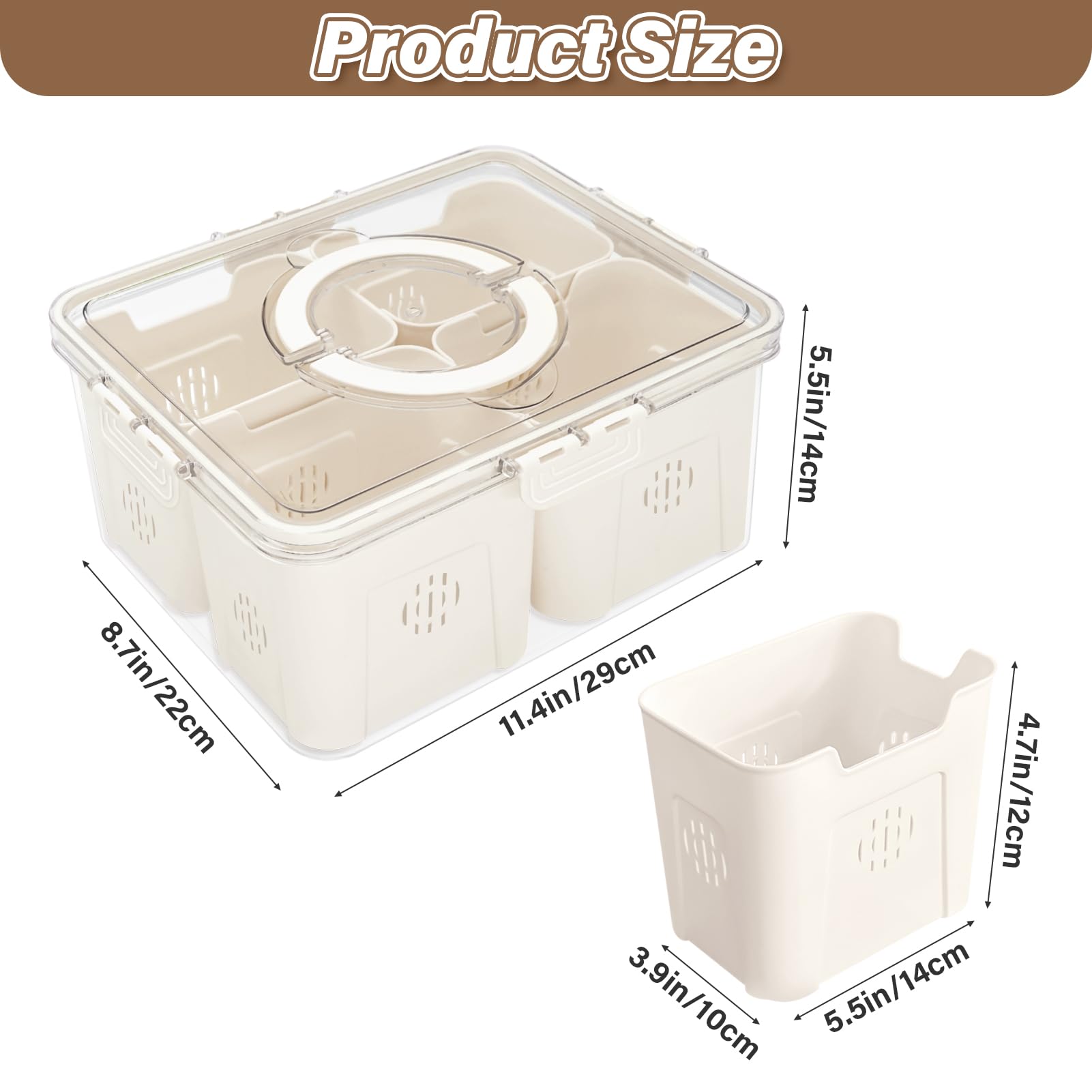 Fruit Storage Containers for Fridge: Divided Serving Tray with Lid and Handle - Snackle Box Container with 4 Removable Colanders - Berry Vegetable Fresh Produce Saver Refrigerator Organizer Bins