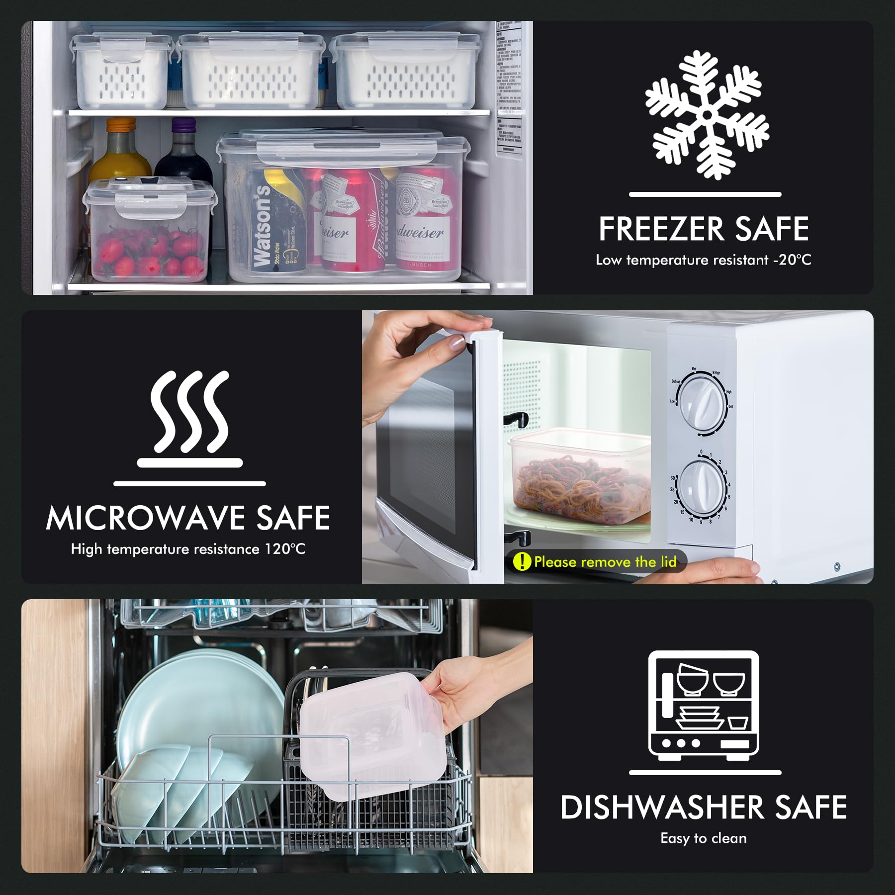 HOTEC Portable Handle Food Storage Container Setwith Lids, 5 pieces Large Fruit Containers with Removable Colander, BPA Free Gas Vent for Keep Foods Fresh