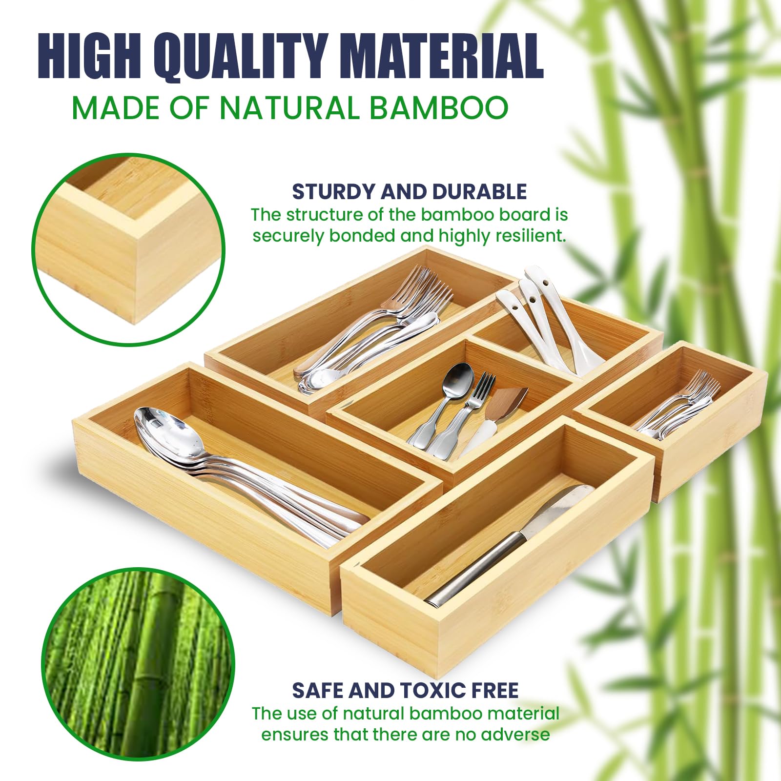 Bamboo Drawer Organizer Box Set of 5 Wooden Drawer Organizers for Kitchen, Bathroom, Office, Desk, Vanity, Makeup-Non-Slip Junk Drawer Organizer Trays for Storage & Organization by Zen Smart