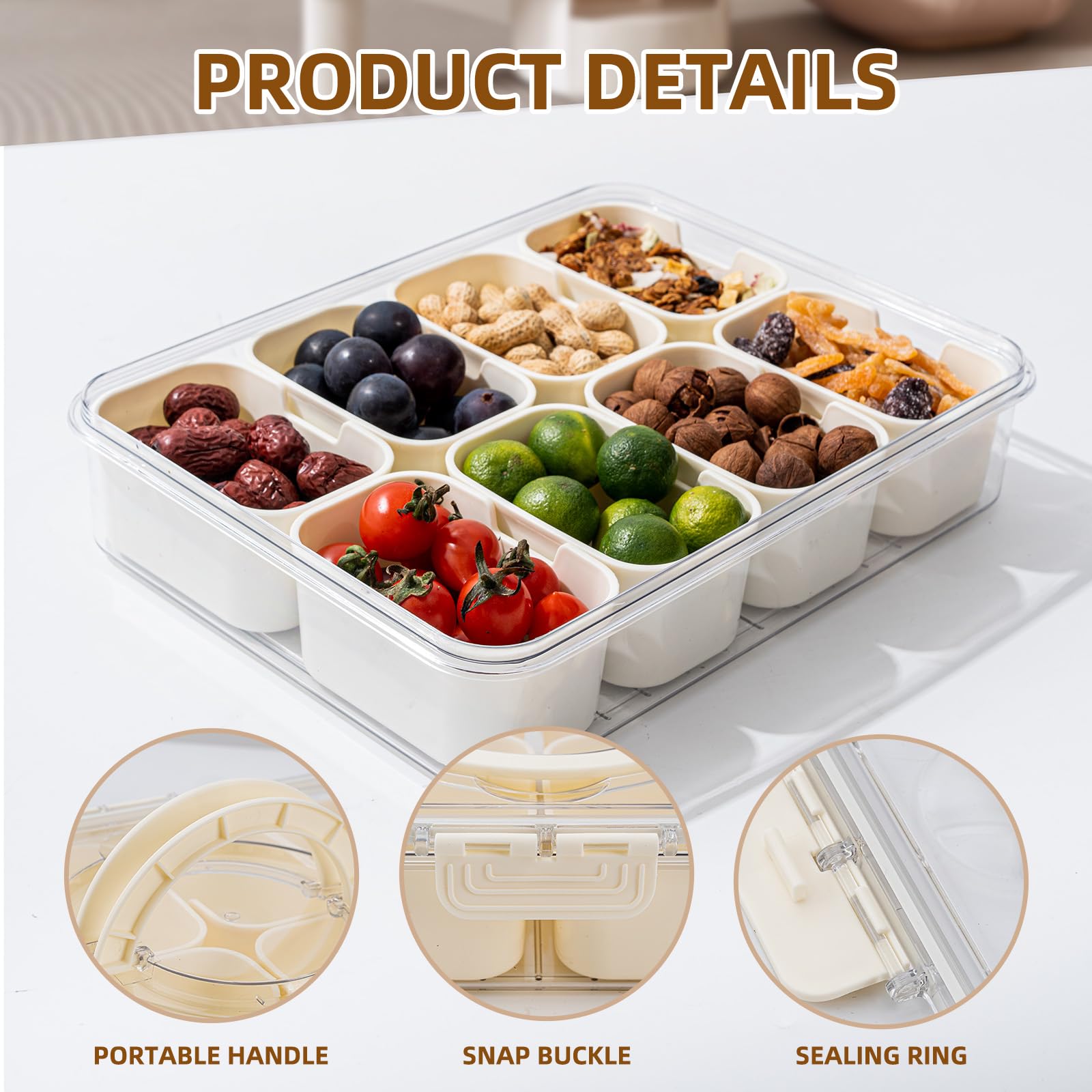 TYigao Divided Serving Tray with Lid and Handle - Portable Snackle Box Charcuterie Container, Clear Snack Platter Organizer for Fruits, Candy, Nuts, Snacks - Ideal for Party, Travel & Picnics