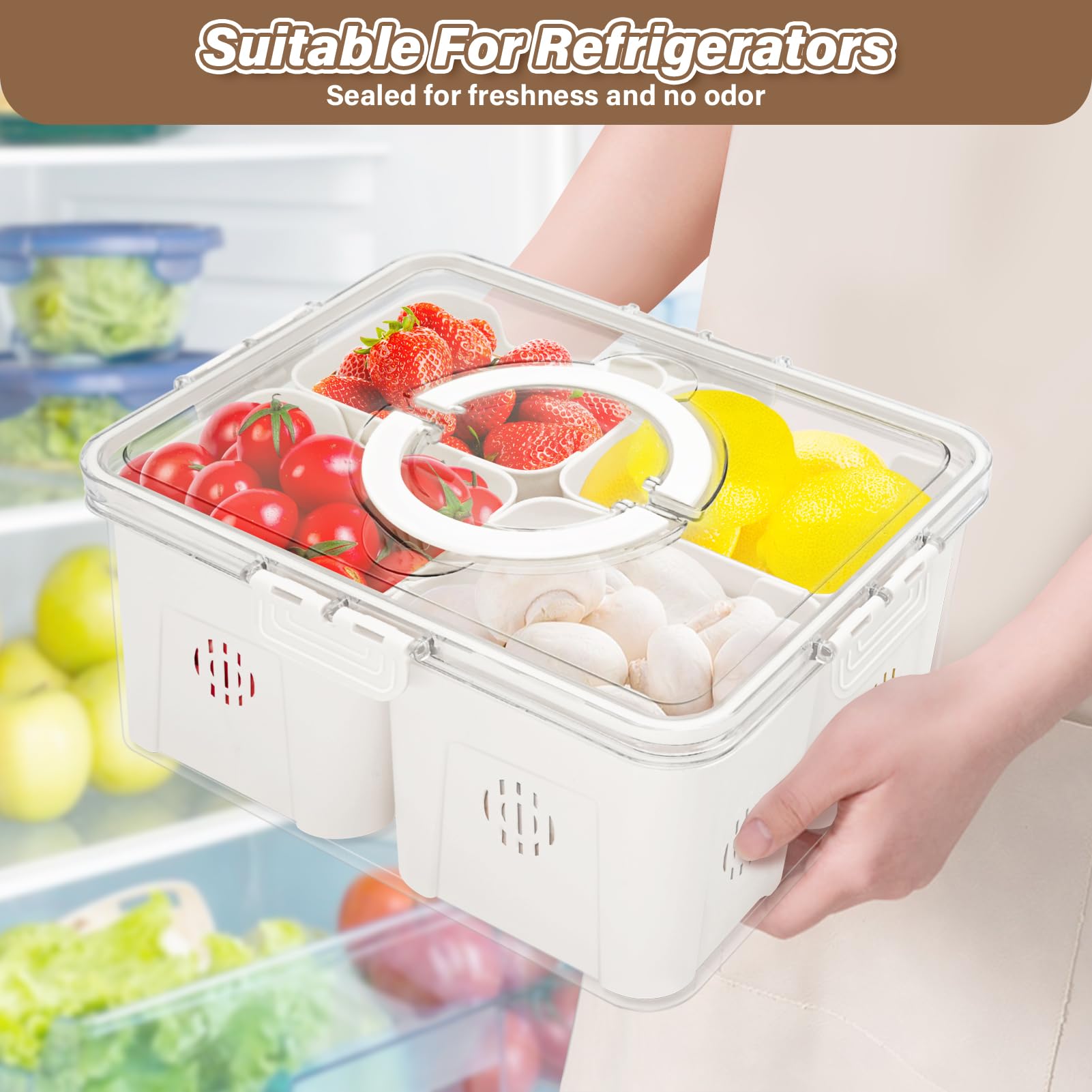 Fruit Storage Containers for Fridge: Divided Serving Tray with Lid and Handle - Snackle Box Container with 4 Removable Colanders - Berry Vegetable Fresh Produce Saver Refrigerator Organizer Bins