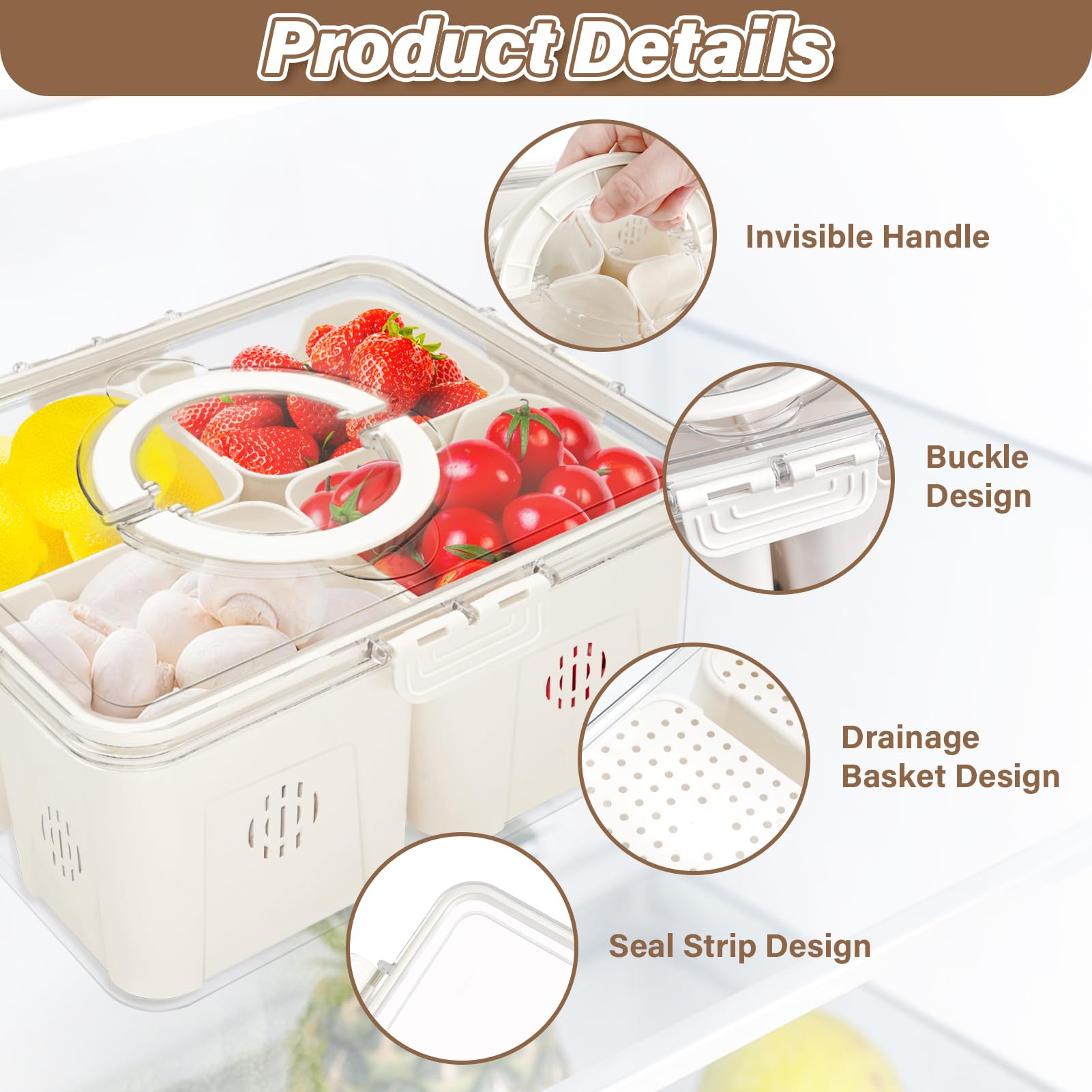 Fruit Storage Containers for Fridge: Divided Serving Tray with Lid and Handle - Snackle Box Container with 4 Removable Colanders - Berry Vegetable Fresh Produce Saver Refrigerator Organizer Bins