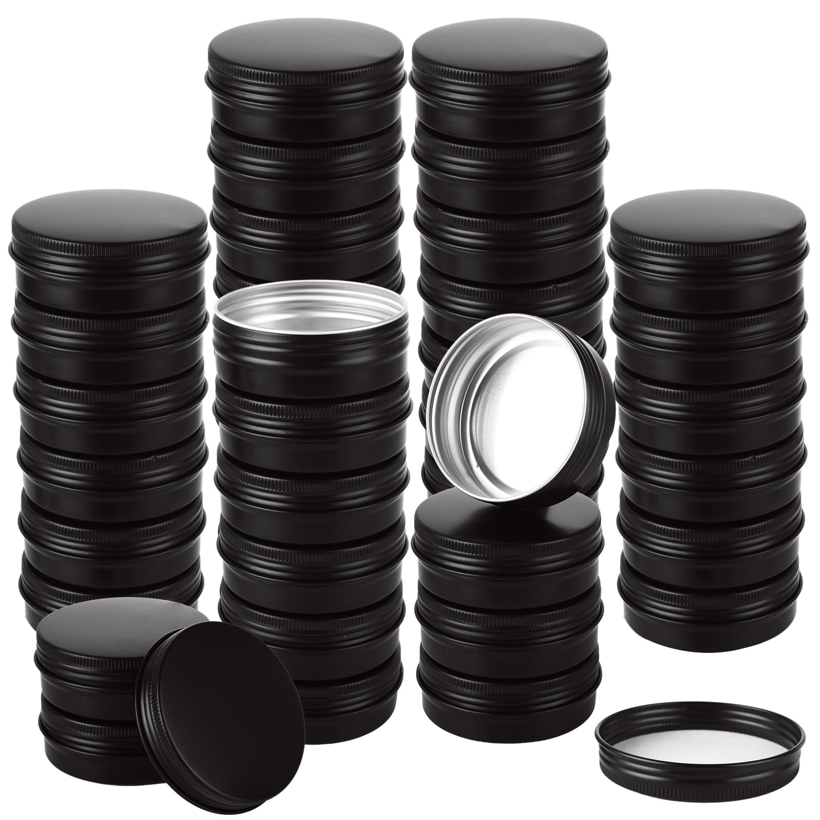 LDXDRU 50 Pack 2oz Metal Tin Cans, Tin Containers With Lids, Round Small Tins with Lids for Candles Salve Cosmetic Lip Balm Candies Food Storage, Black