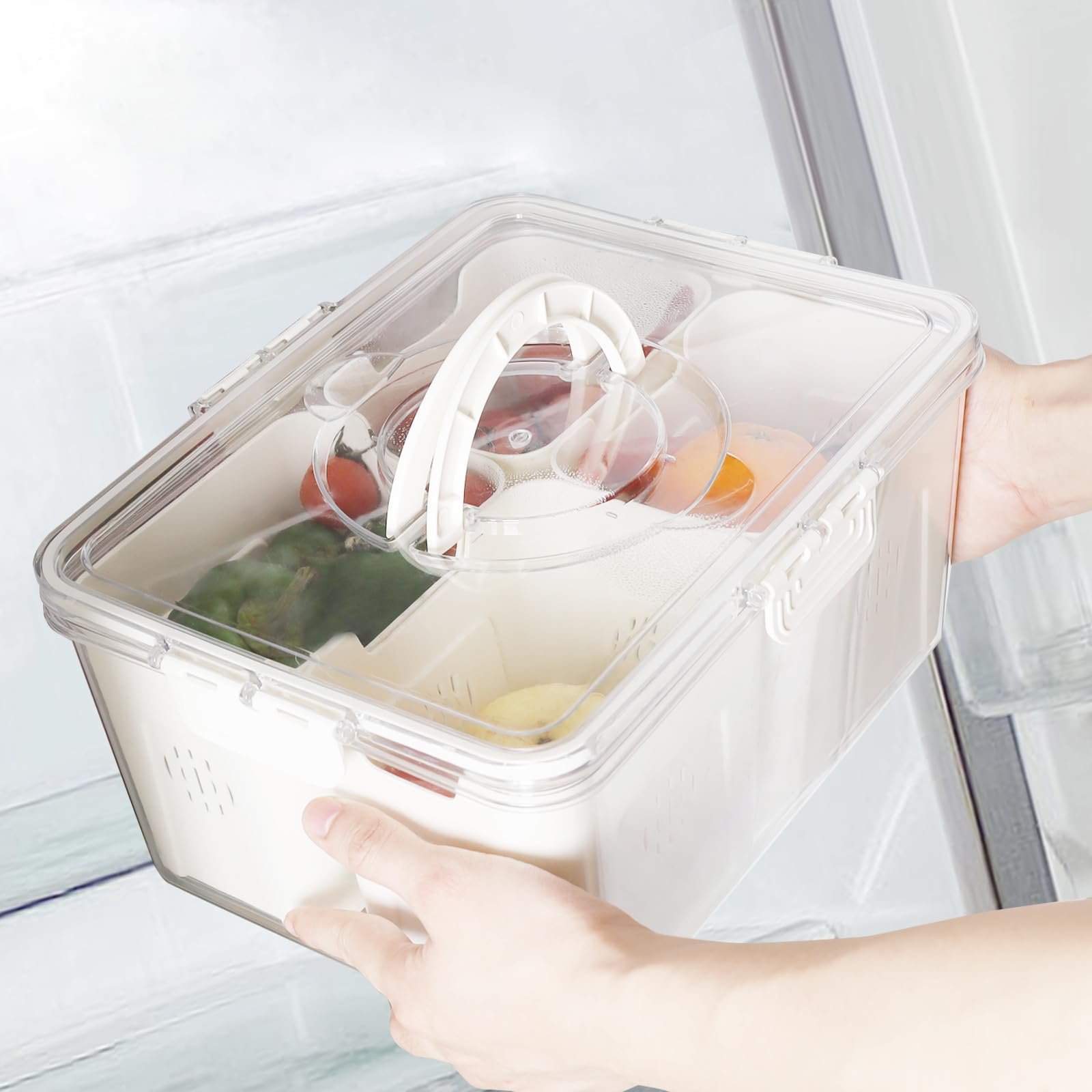 Awrotye Airtight Fridge Fruit Storage Containers with Lids - BPA-Free, Handle, and 4 Removable Colanders, Kitchen Organizers, Food Storage Containers for Fruit, Vegetable, Entertaining, Party, Picnic