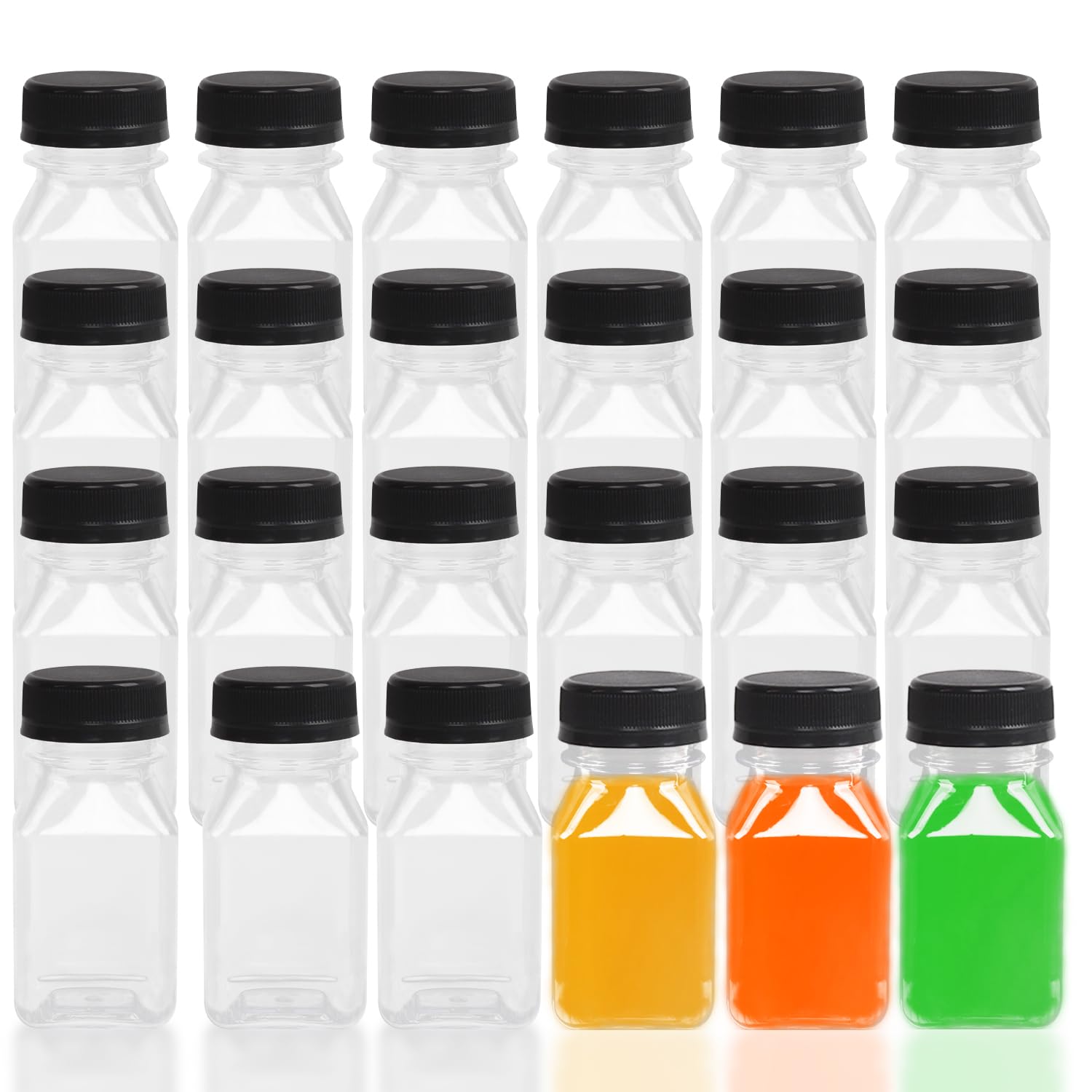 Lainrrew 24pcs 4oz Plastic Juice Bottles with Black Caps - Reusable Clear Containers, Tamper Proof Lids for Smoothies, Milk & Beverages