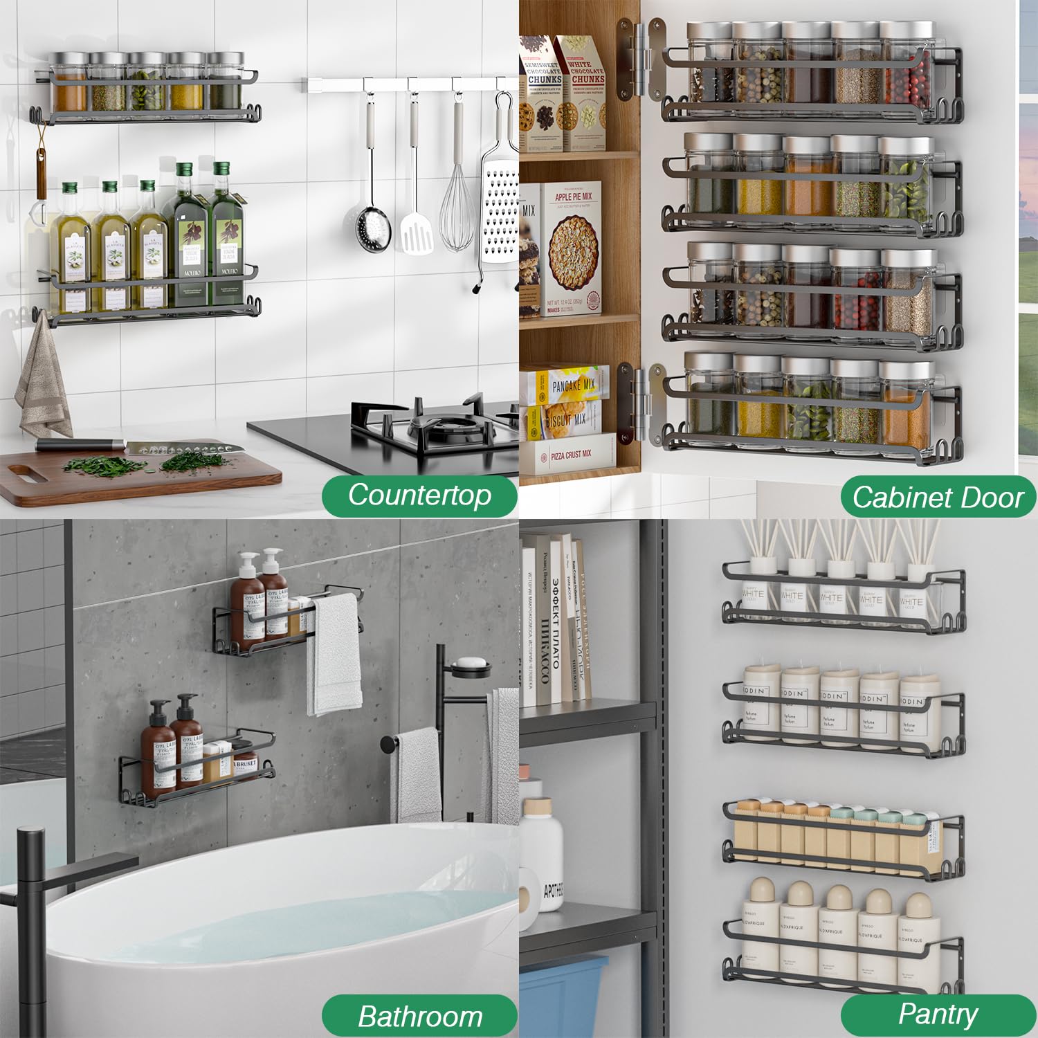LUCYCAZ 4 Pack Wall Mounted Spice Rack with 16 Hooks, Spice Organizer for Cabinet Pantry Door,Screw or Adhesive Spice Shelf Hanging Wall Spice Rack in Kitchen and RV (Black)