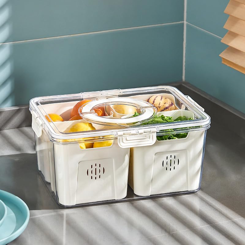 Awrotye Airtight Fridge Fruit Storage Containers with Lids - BPA-Free, Handle, and 4 Removable Colanders, Kitchen Organizers, Food Storage Containers for Fruit, Vegetable, Entertaining, Party, Picnic