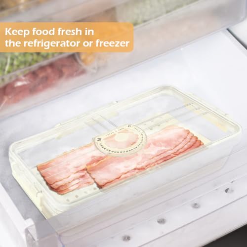 Bacon Container for Refrigerator with 1 Small Square Storage Box and 1 Food Serving Tongs, Bacon Holder for Refrigerator with Drain Plate, Deli Meat Keeper with Airtight Lid