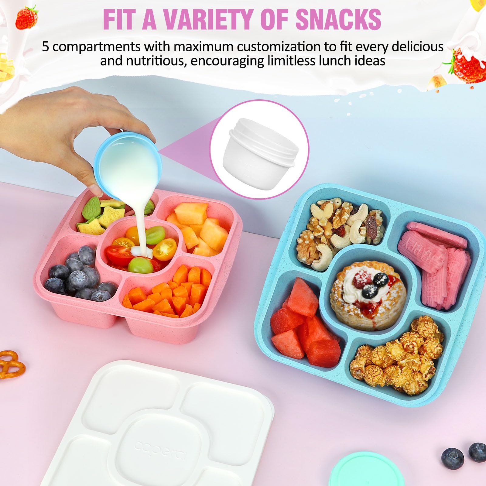 FANCILLA Bento Snack Containers for Kids Adults, 3 Pack Reusable Lunchable Bento Snack Boxes with 5 Compartments & 1 Leakproof Sauce Containers, Wheat Straw, BPA-Free, Stackable (Classic Vintage)
