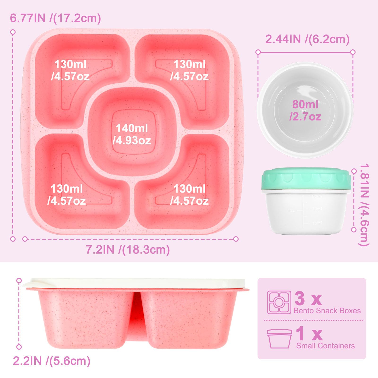 FANCILLA Bento Snack Containers for Kids Adults, 3 Pack Reusable Lunchable Bento Snack Boxes with 5 Compartments & 1 Leakproof Sauce Containers, Wheat Straw, BPA-Free, Stackable (Classic Vintage)