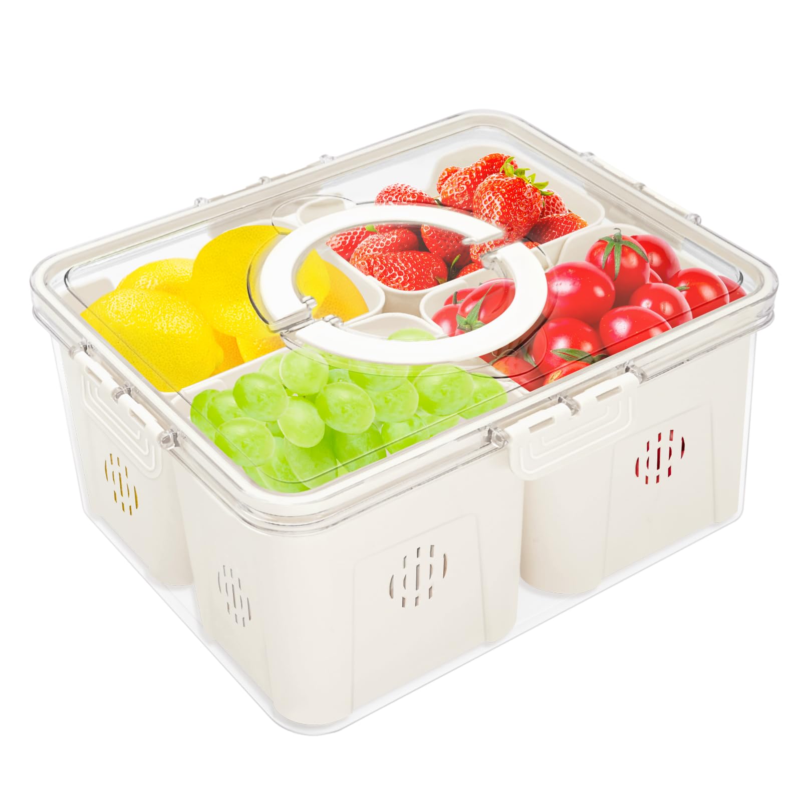 Fruit Storage Containers for Fridge: Divided Serving Tray with Lid and Handle - Snackle Box Container with 4 Removable Colanders - Berry Vegetable Fresh Produce Saver Refrigerator Organizer Bins