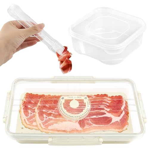 Bacon Container for Refrigerator with 1 Small Square Storage Box and 1 Food Serving Tongs, Bacon Holder for Refrigerator with Drain Plate, Deli Meat Keeper with Airtight Lid