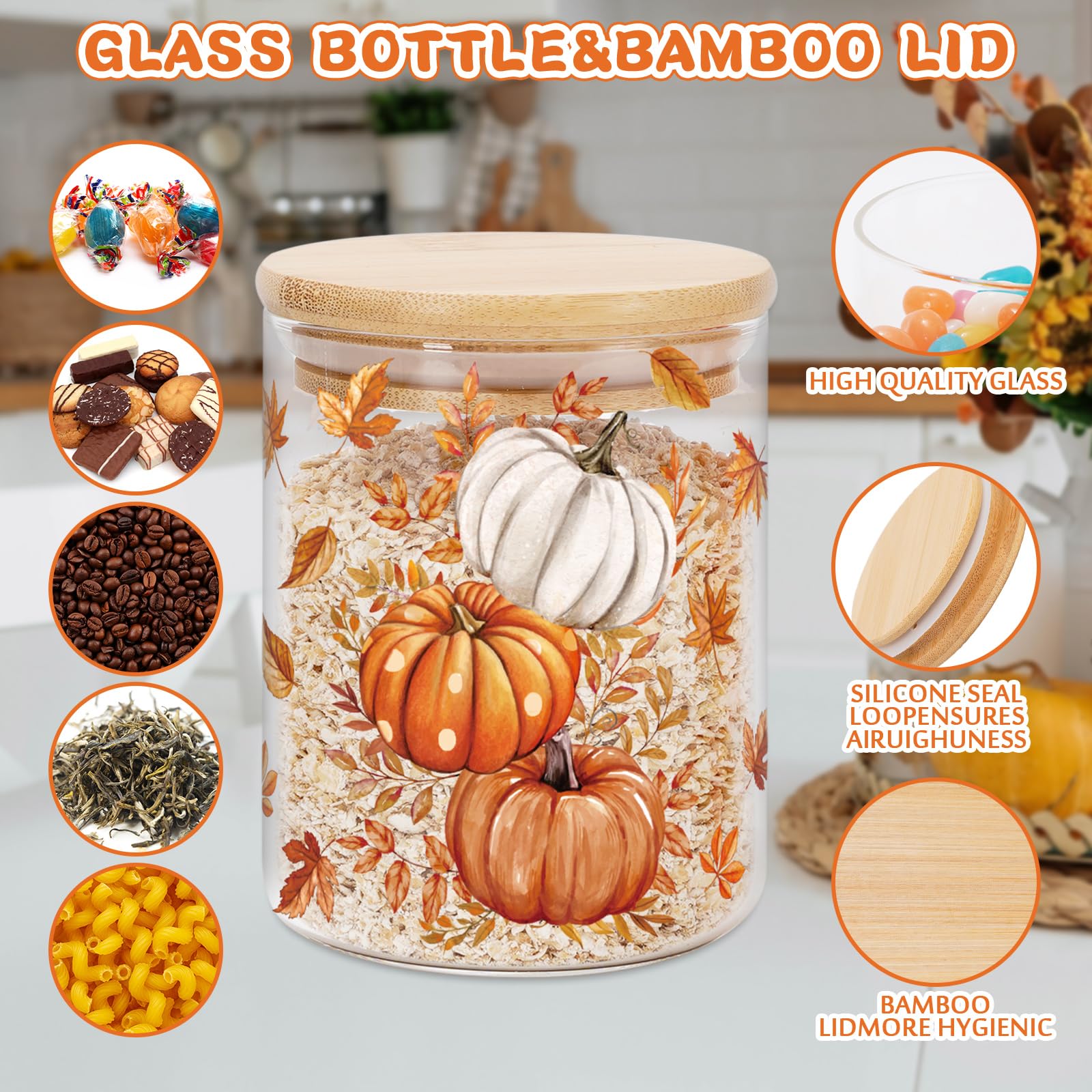 JarThenaAMCS 3Pcs Fall Thanksgiving Glass Storage Jars with Airtight Bamboo Lids 17oz Autumn Leaves Pumpkins Clear Food Storage Canisters for Home Kitchen Countertop Decoration