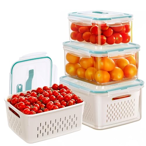 DOPHCOZFFY Airtight Fruit Storage Containers for Fridge with Removable Colander, Dishwasher Safe Produce Saver Container for Refrigerator (3 PCS fruit storage containers)