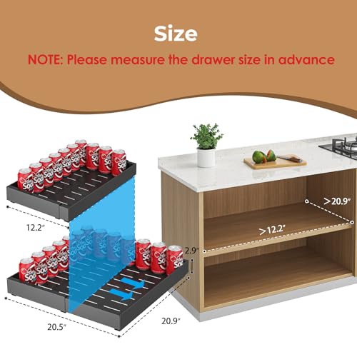 Pull Out Cabinet Organizer, 1PC 21" Deep Expandable (12.2"-20") Heavy Duty Pull Out Drawers for Cabinets Fixed with Adhesive Film, Peel Stick Slide Out Drawers for Kitchen Pantry, No Screw, Black