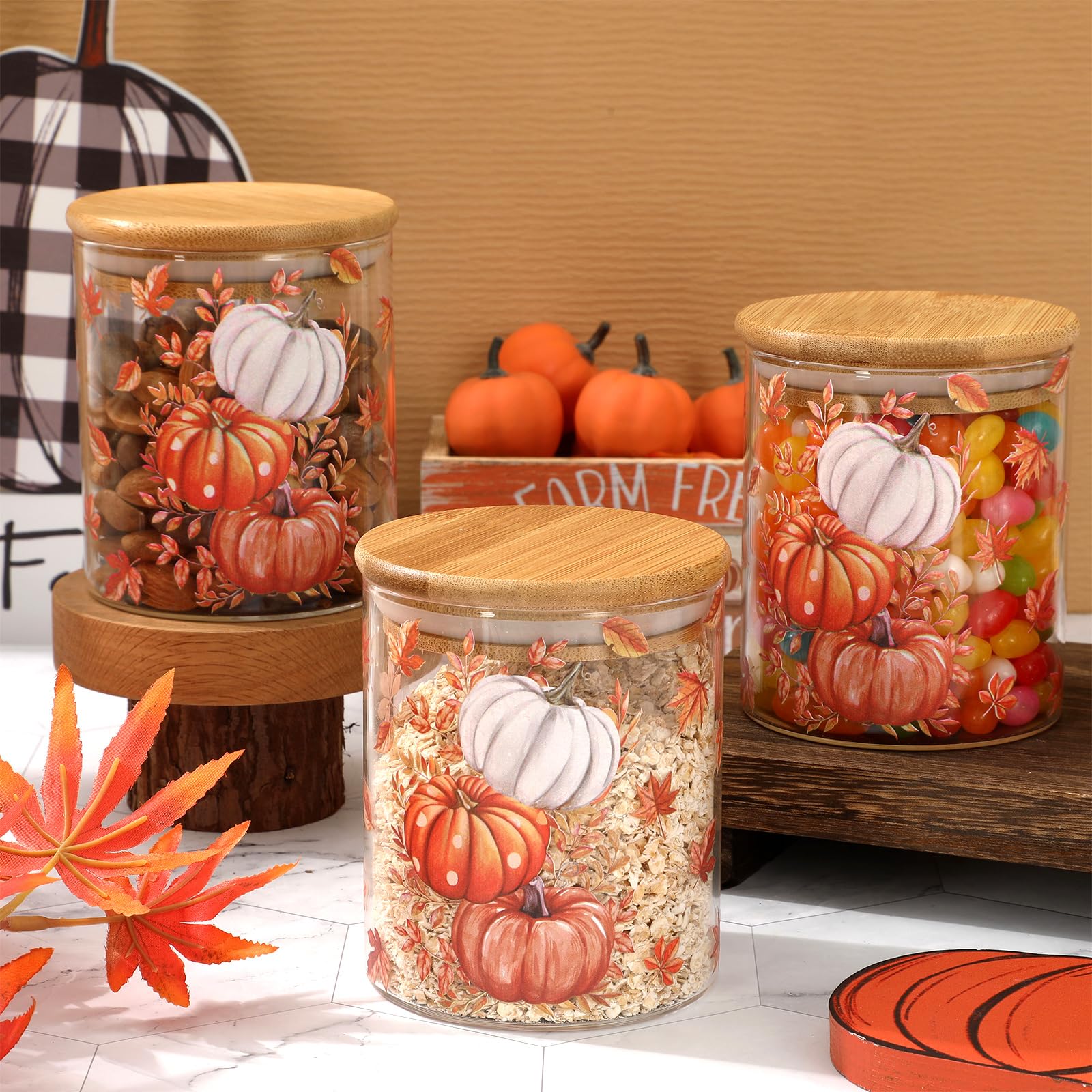 JarThenaAMCS 3Pcs Fall Thanksgiving Glass Storage Jars with Airtight Bamboo Lids 17oz Autumn Leaves Pumpkins Clear Food Storage Canisters for Home Kitchen Countertop Decoration