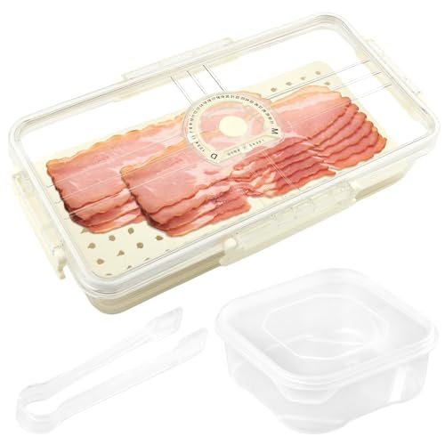 Bacon Container for Refrigerator with 1 Small Square Storage Box and 1 Food Serving Tongs, Bacon Holder for Refrigerator with Drain Plate, Deli Meat Keeper with Airtight Lid