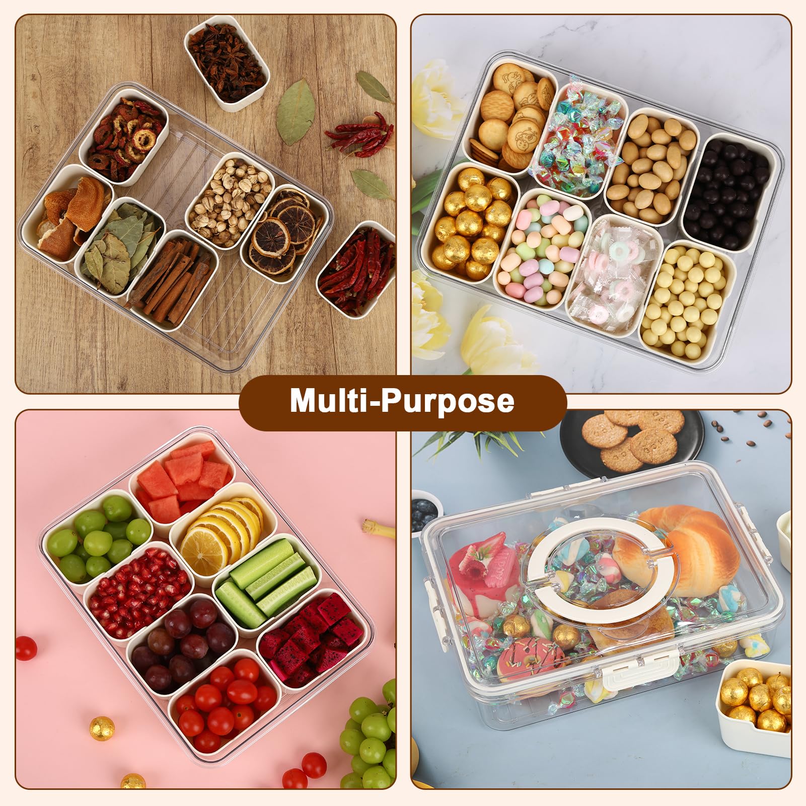 Eletional Divided Serving Tray with Lid and Handle - Snackle Box Charcuterie Platter, Clear Organizer for Candy, Fruits, Nuts, Snacks - Perfect for Party, Entertaining, 8 Compartments, White