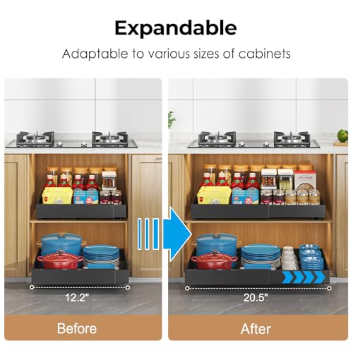 Pull Out Cabinet Organizer, 1PC 21" Deep Expandable (12.2"-20") Heavy Duty Pull Out Drawers for Cabinets Fixed with Adhesive Film, Peel Stick Slide Out Drawers for Kitchen Pantry, No Screw, Black