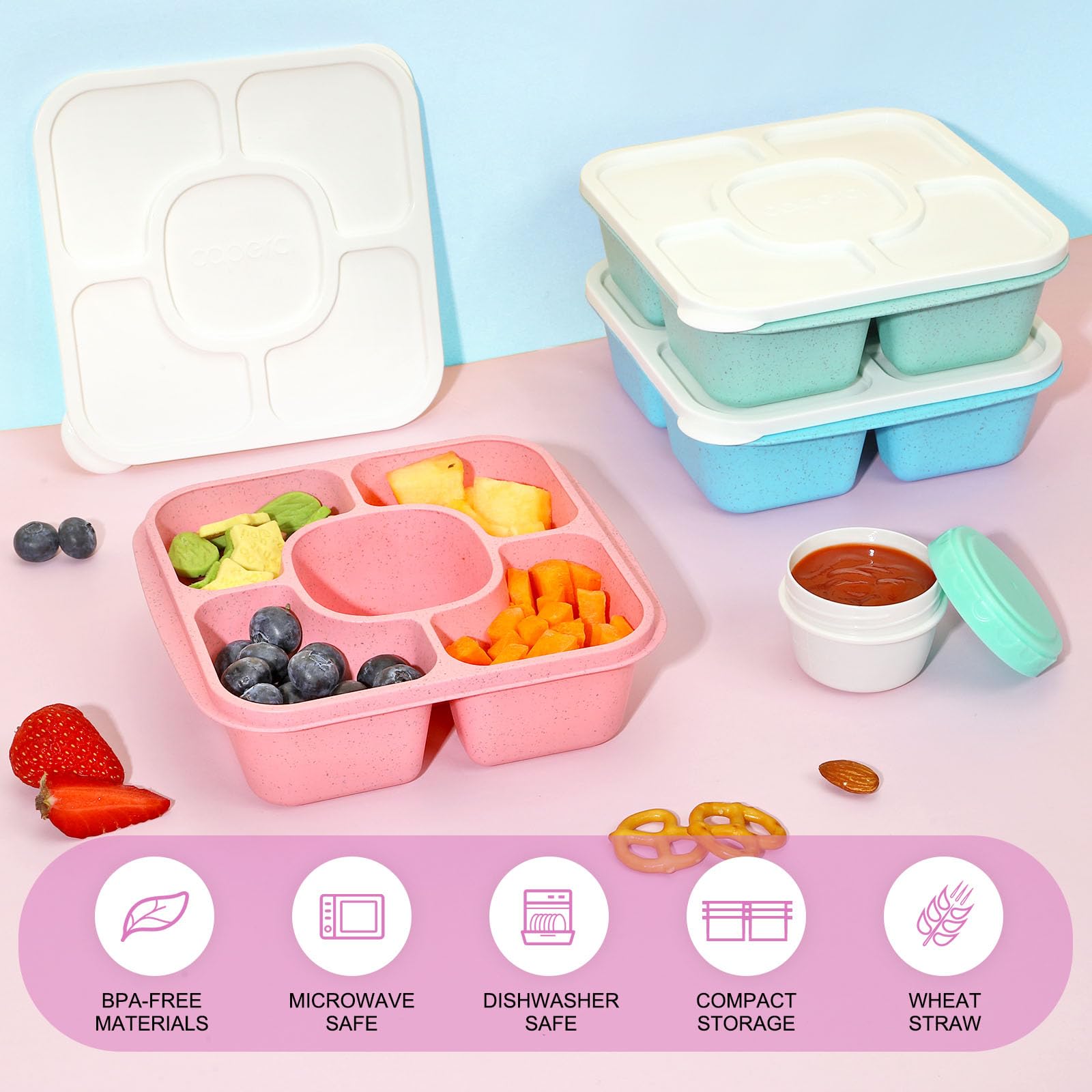 FANCILLA Bento Snack Containers for Kids Adults, 3 Pack Reusable Lunchable Bento Snack Boxes with 5 Compartments & 1 Leakproof Sauce Containers, Wheat Straw, BPA-Free, Stackable (Classic Vintage)