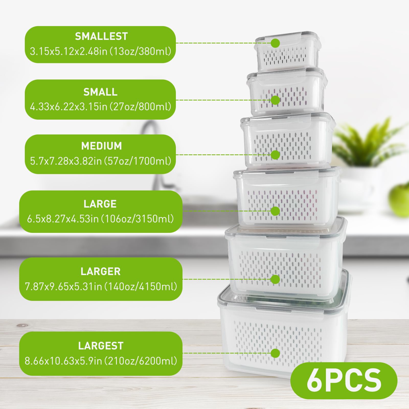 QPPKII 6 PCS Fruit Storage Containers for Fridge with Handle and Colander, Fruits/Vegetables/Berry Saver Container for Refrigerator, Food Storage Containers for Picnic