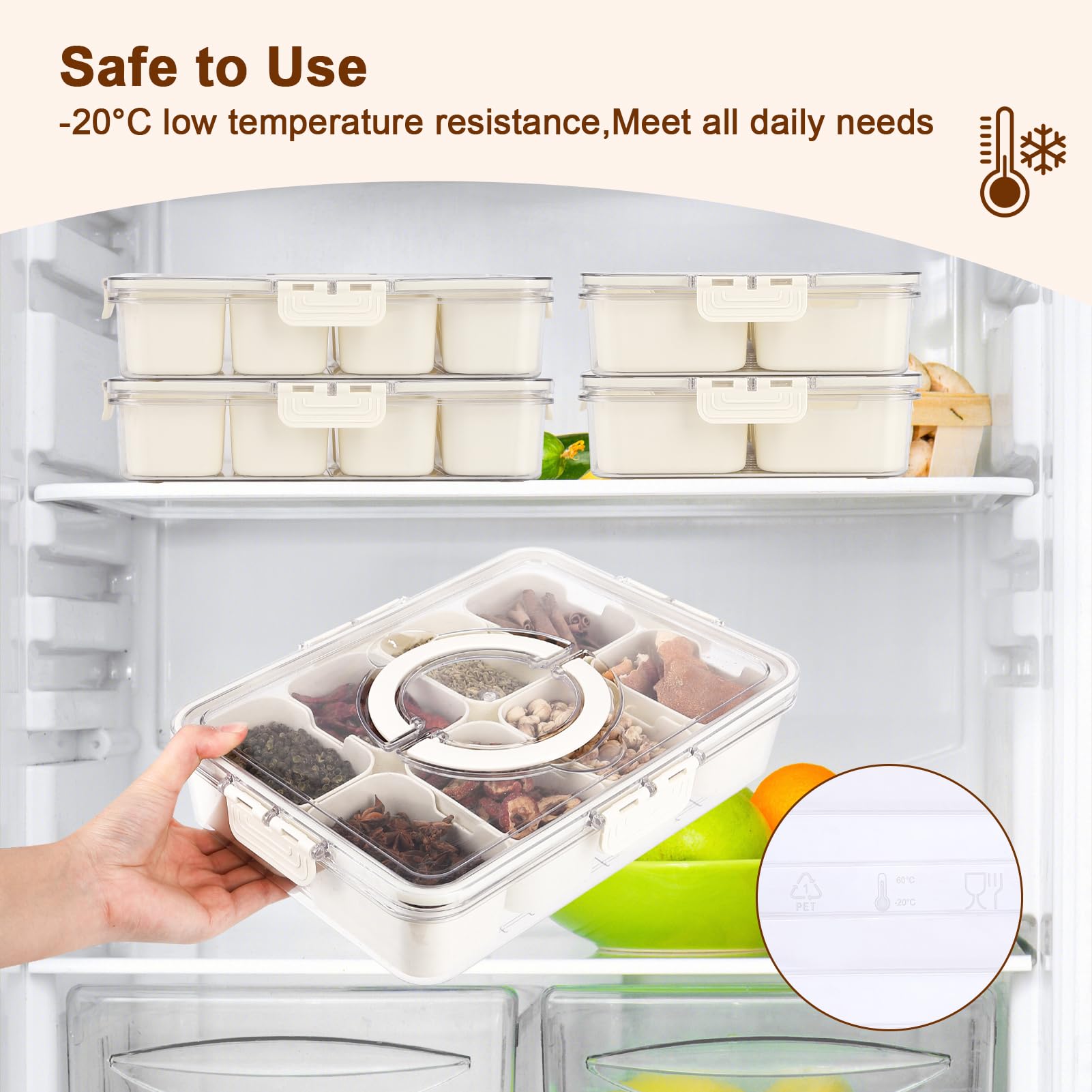 Eletional Divided Serving Tray with Lid and Handle - Snackle Box Charcuterie Platter, Clear Organizer for Candy, Fruits, Nuts, Snacks - Perfect for Party, Entertaining, 8 Compartments, White
