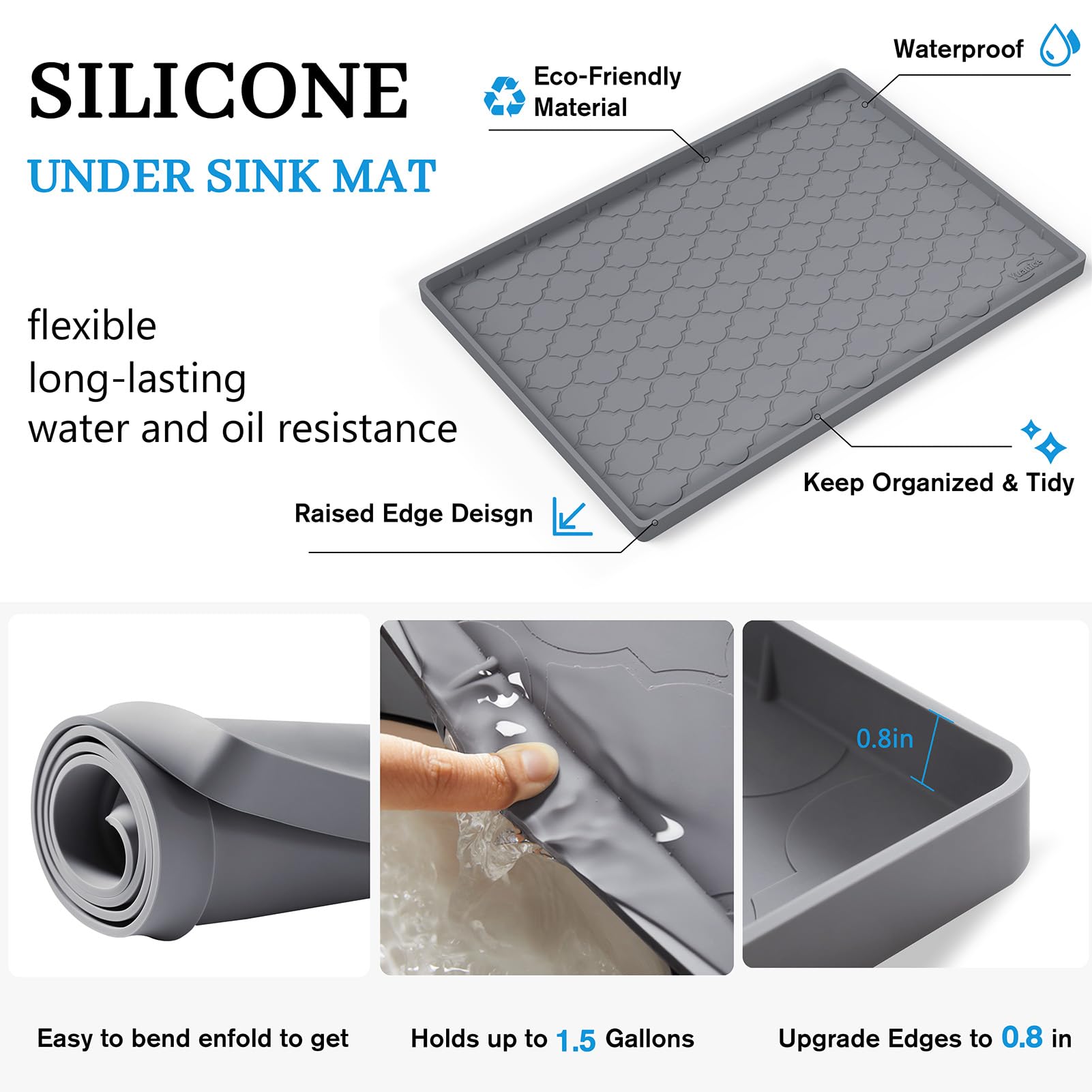 Waterproof Under Sink Mat, 34'' x 22'', Silicone Under Sink Liner for Kitchen Bathroom, Under Kitchen Sink Organizers and Storage, Cabinet Shelf Protector, Flexible Under Sink Drip Tray, Dark Grey